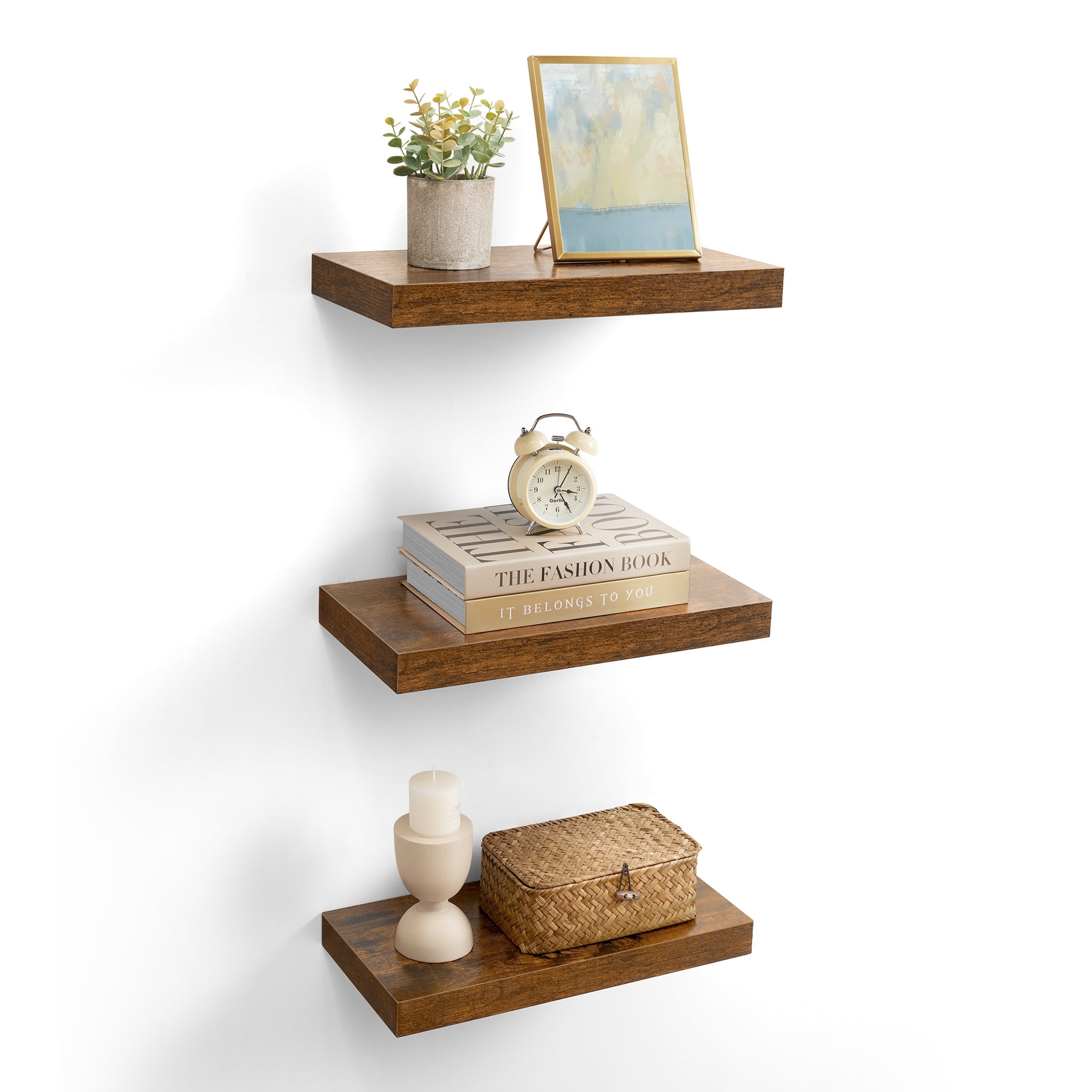 Set of 3 Floating Wall Shelves, Rustic Brown, 8 x 15.7 x 1.5 Inches ...