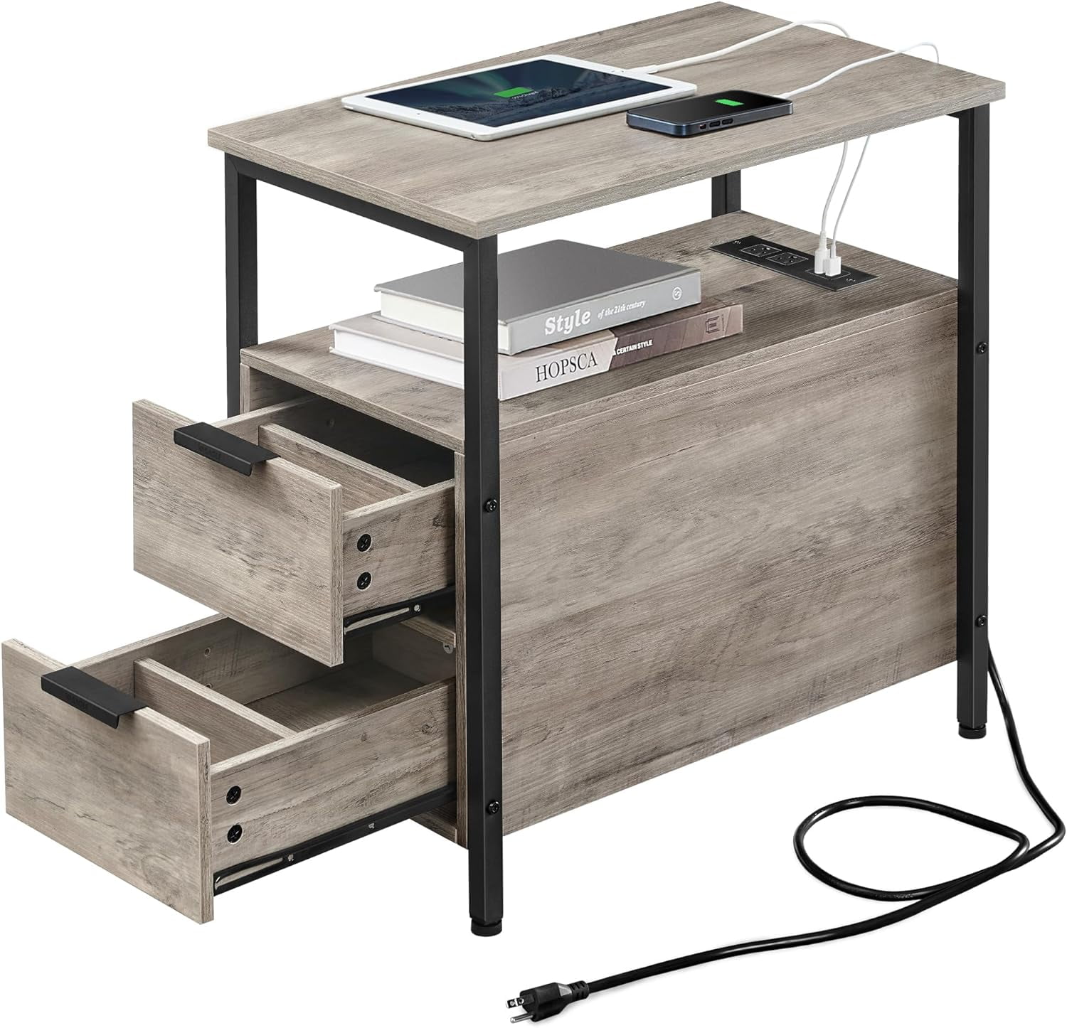 VASAGLE Side Table with Charging Station, Narrow End Table with 2 ...