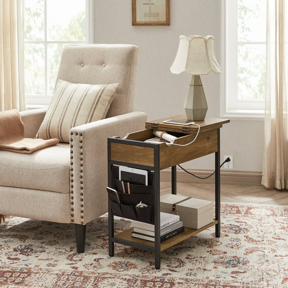 VASAGLE Side Table with Storage, USB Ports and Outlets, Rustic Walnut ...