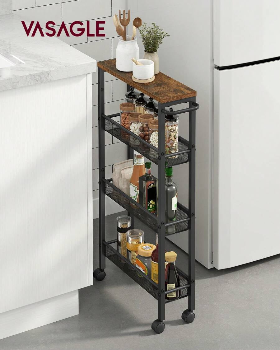 VASAGLE Slim Storage Cart, 4-Tier Rolling Cart Tower, Slide Out Cart ...