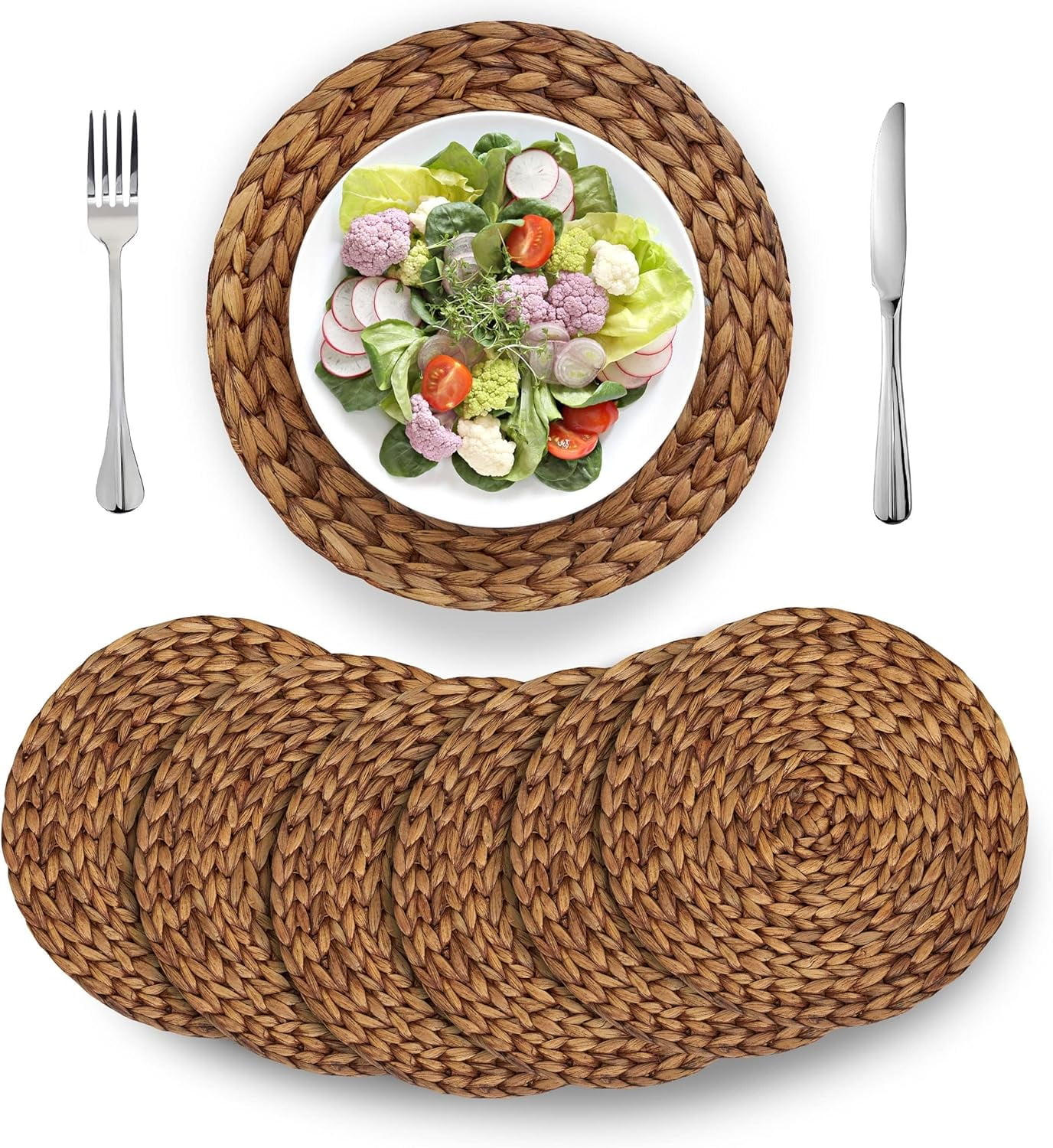 VASGOR 12" Brown Woven Placemats Round Set Of 6 - Natural Water ...