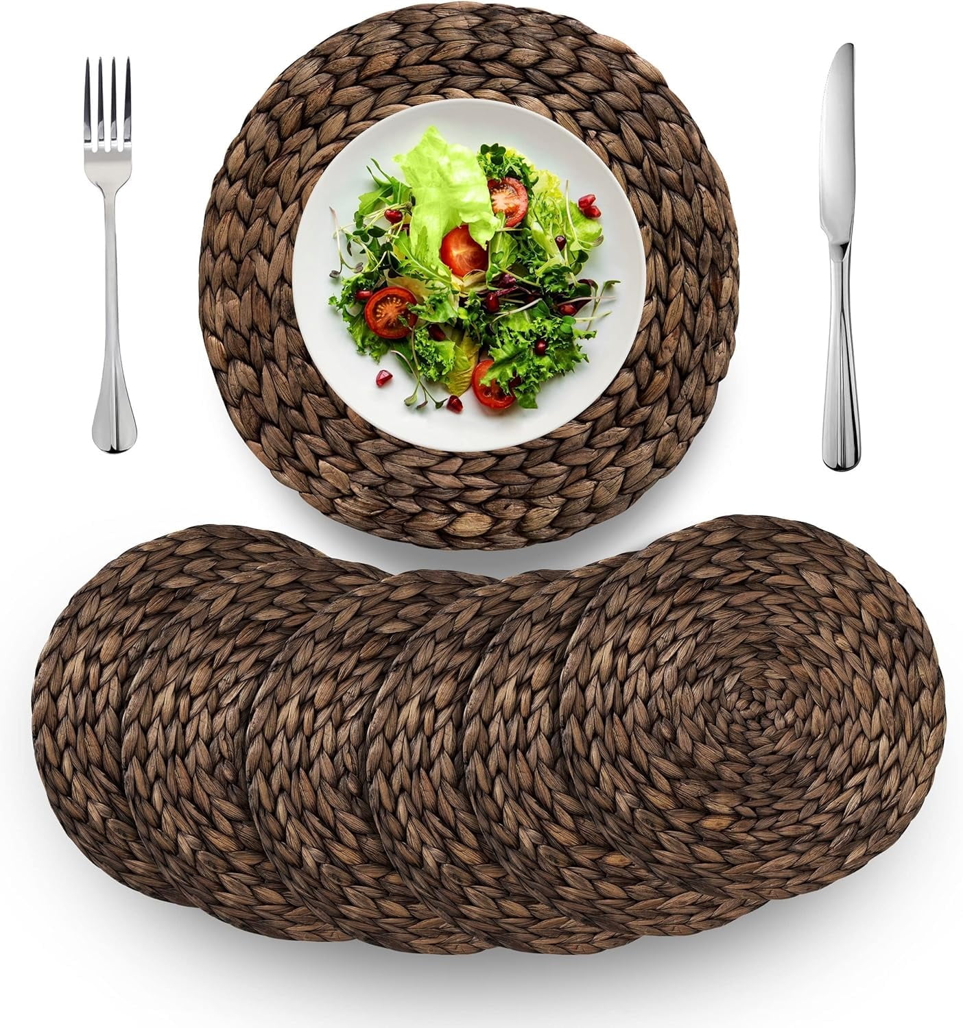VASGOR 13" Rustic Woven Placemats Round Set Of 6 - Natural Water ...
