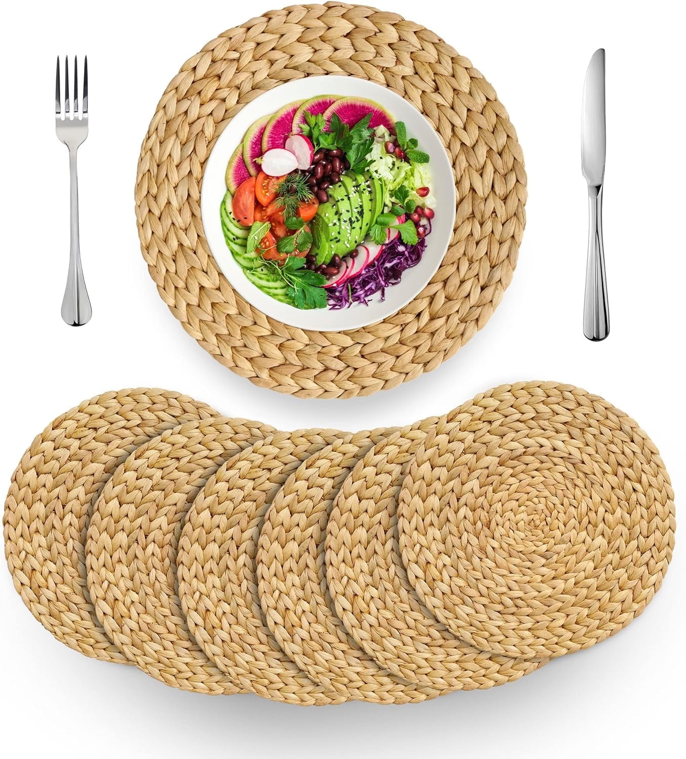 VASGOR 13" Woven Placemats Round Set of 6, Natural Water Hyacinth Weave ...