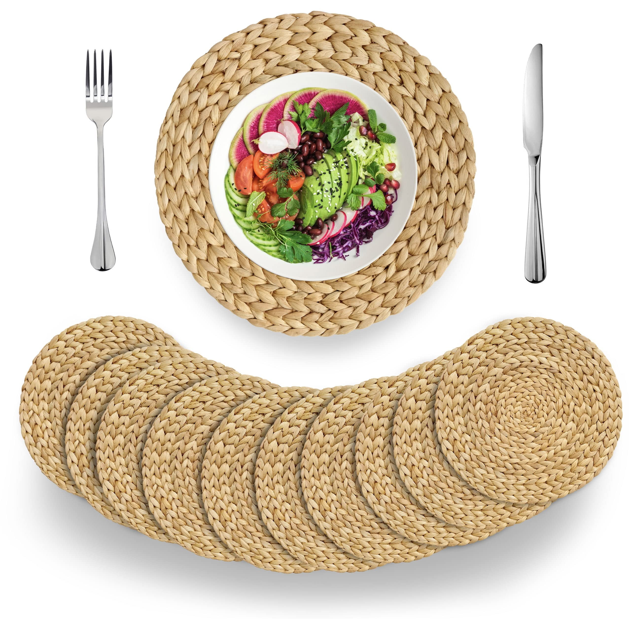 VASGOR 13" Woven Placemats Round Set Of 10 - Natural Water Hyacinth ...