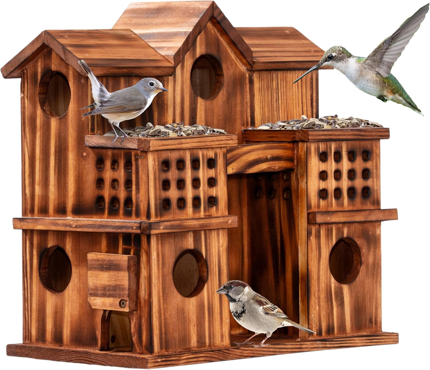 VASGOR 8-Room Wooden Bird House with 2 Front Feeders – Large Outdoor ...