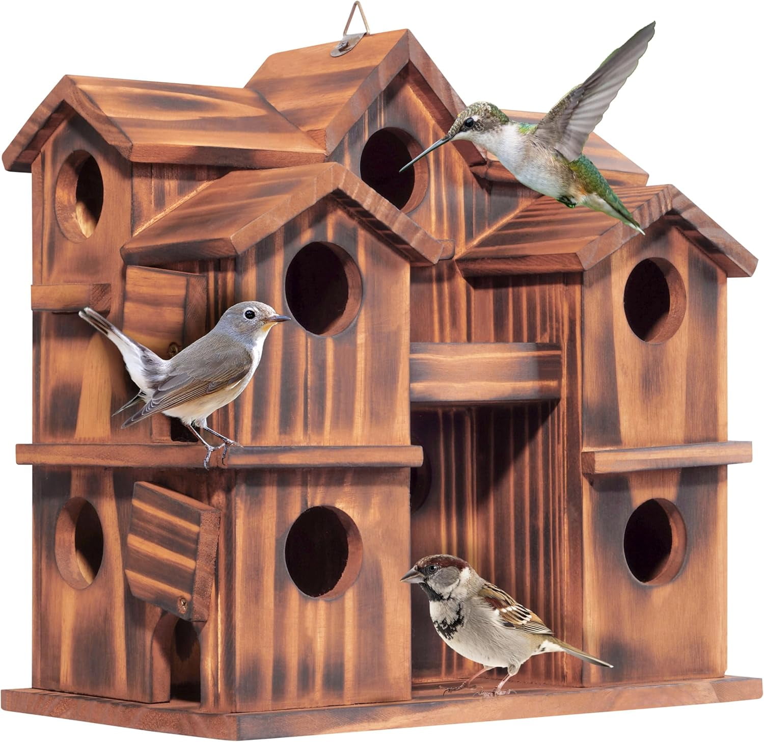 Vasgor Wooden Bird Houses, 10 Rooms Multi-Chamber, Rustic Carbonized ...
