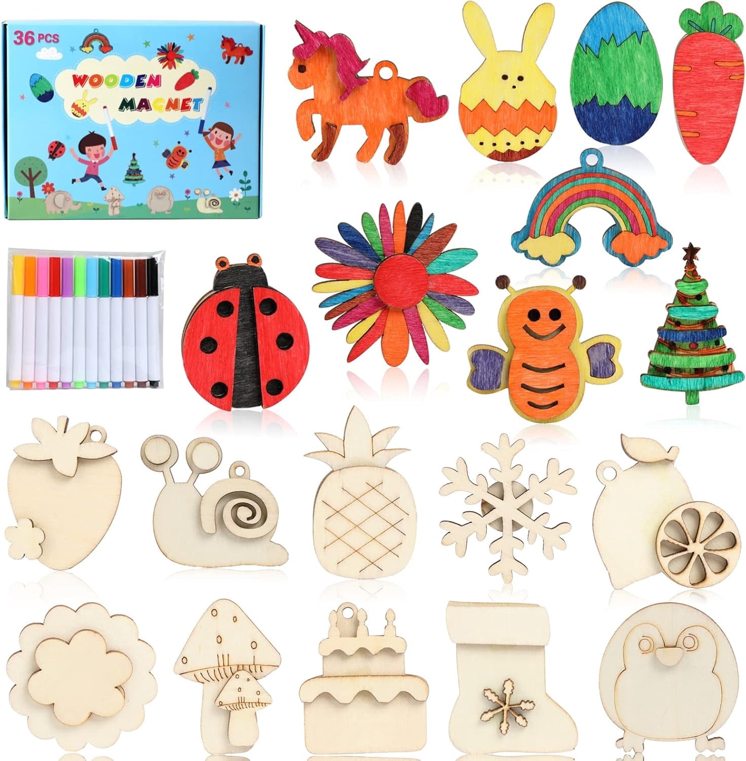 VATENICK DIY Wooden Magnets, 36 Pieces Wooden Crafts, Kids Painting Set ...