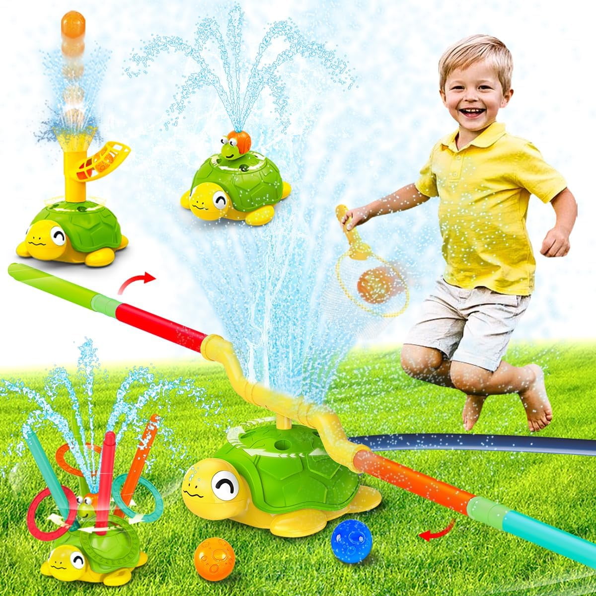 VATOS 4-in-1 Turtle Water Sprinkler for Kids, Outdoor Toys with Snail Splash, Ring Toss, Catch ...