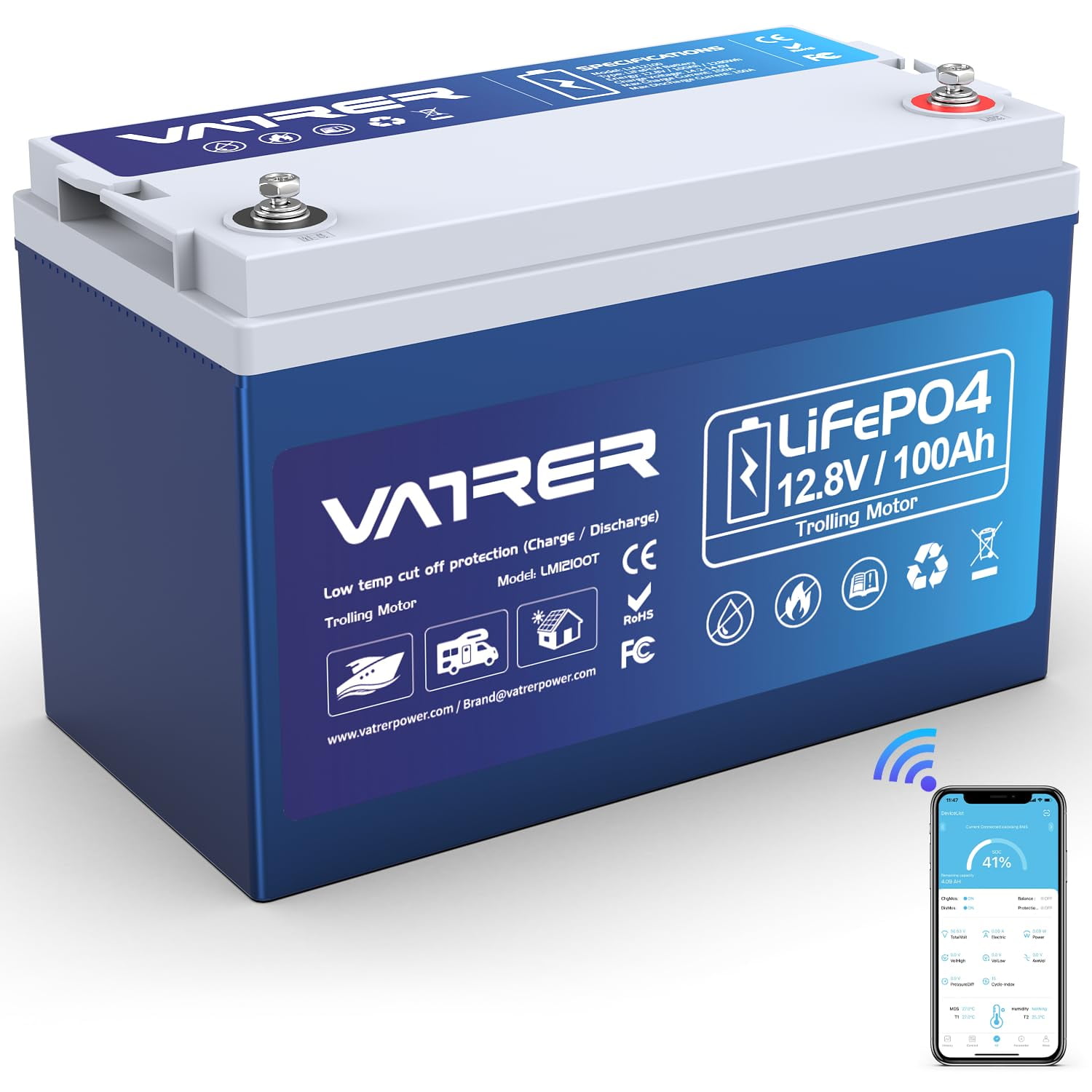 VATRER POWER 12V 100AH Bluetooth Trolling Motor LiFePO4 Lithium Battery ...