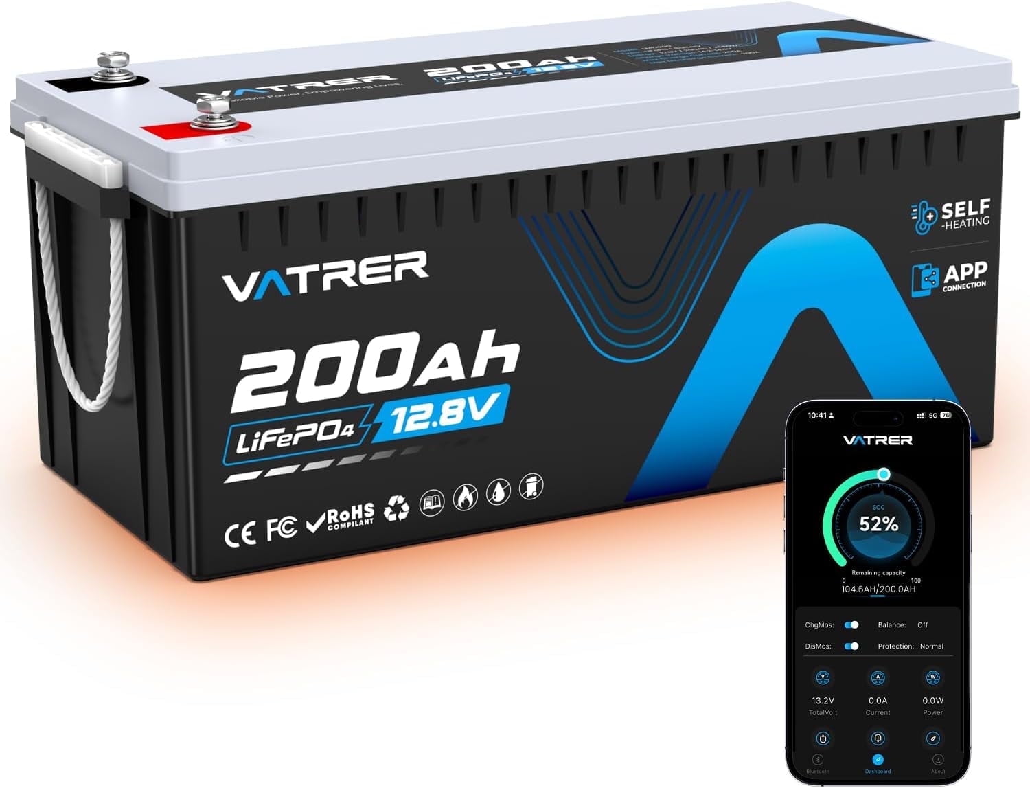 VATRER POWER 12V 200AH Bluetooth LiFePO4 Lithium Battery with Self ...