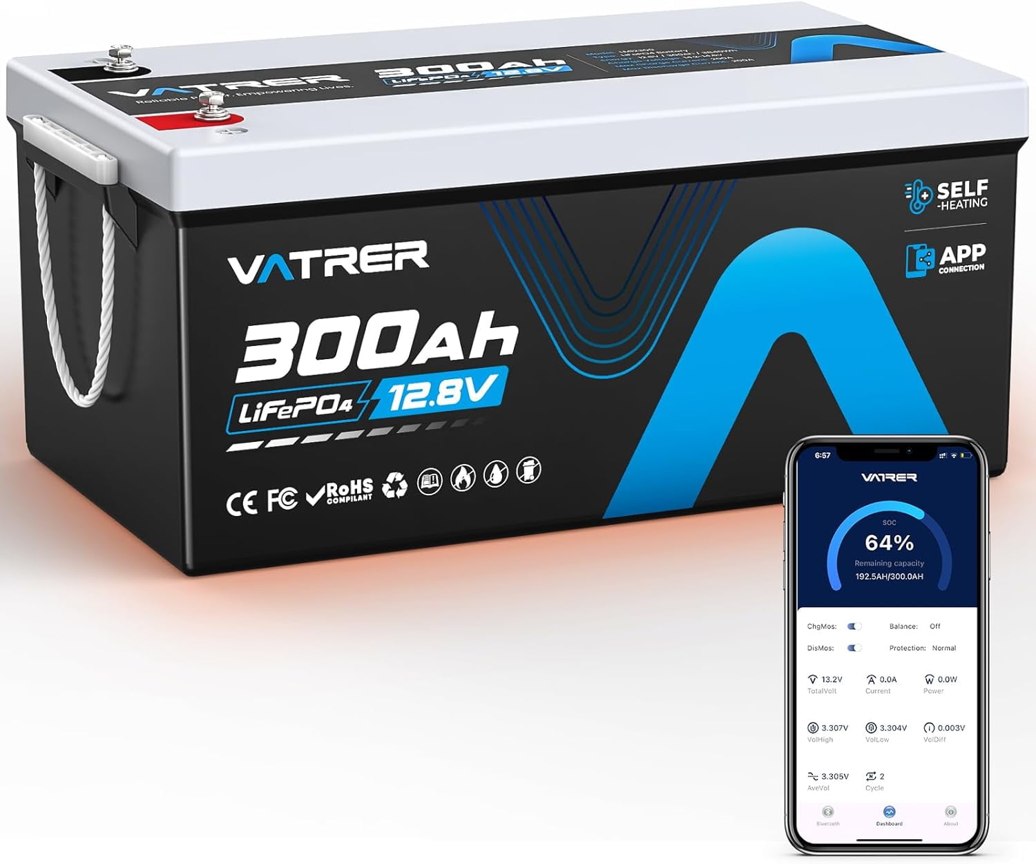 VATRER POWER 12V 300AH Bluetooth LiFePO4 Lithium Battery with Self ...