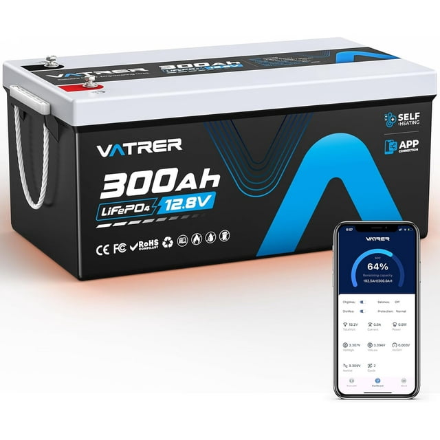 VATRER POWER 12V 300AH Bluetooth LiFePO4 Lithium Battery with Self-Heating, Built-in 200A BMS ...