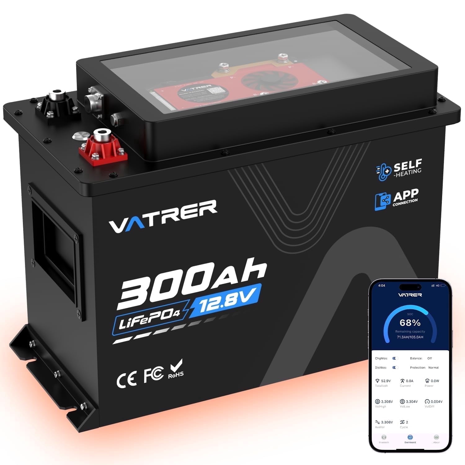 VATRER POWER 12V 300Ah RV LiFePO4 Battery with Self-heating, Active ...