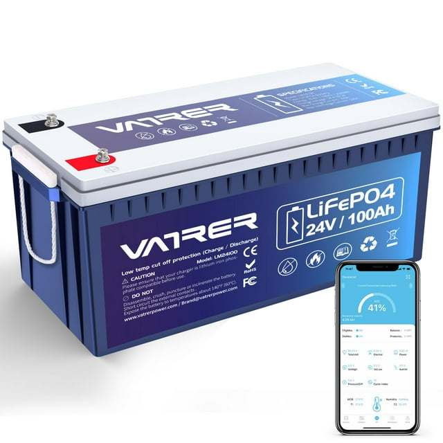 VATRER POWER 24V 100AH Bluetooth Low Temp Cutoff LiFePO4 Lithium Battery with 2560W, Built-in ...