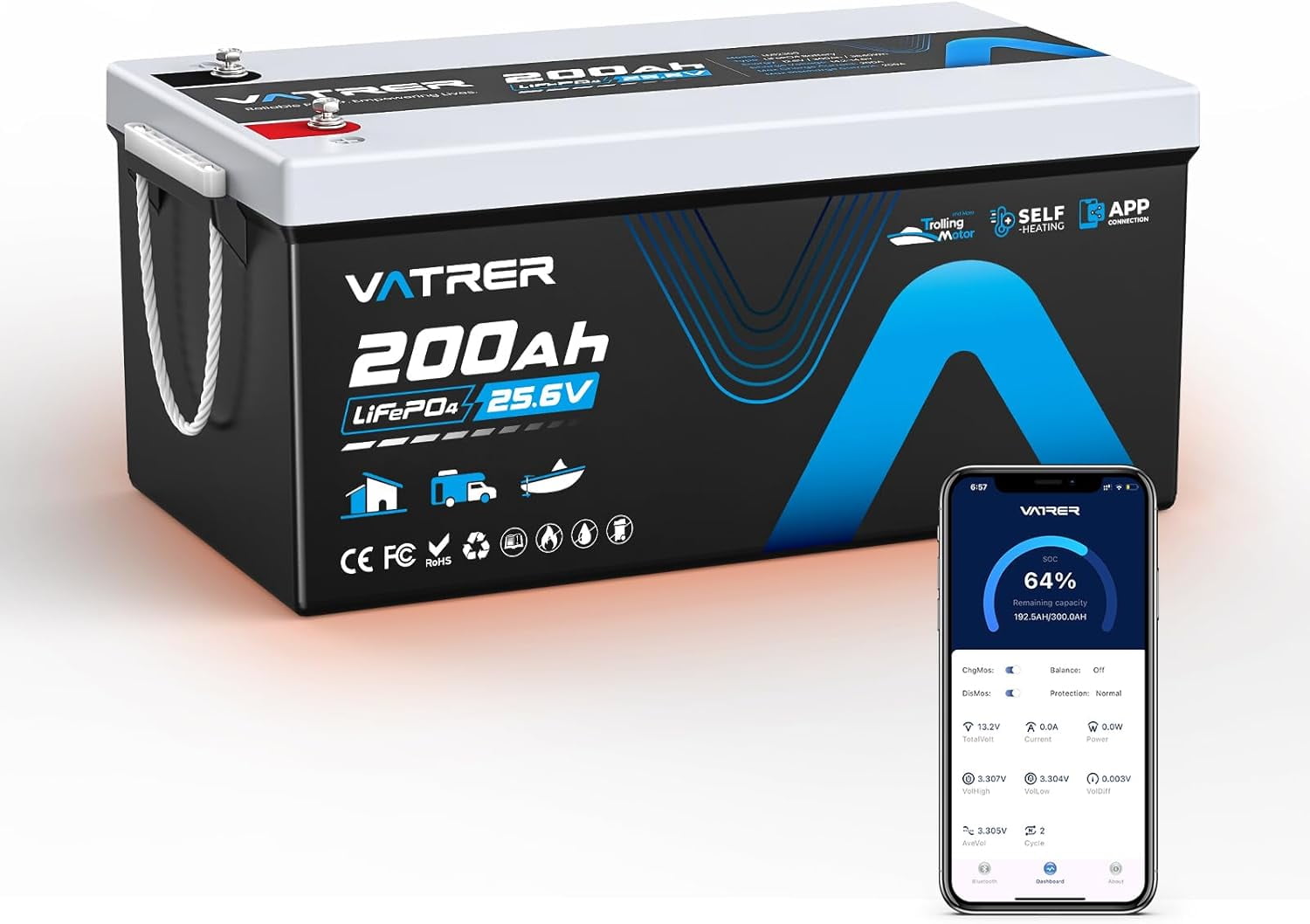 VATRER POWER 24V 200AH Bluetooth Low/High Temp Cutoff LiFePO4 Lithium ...