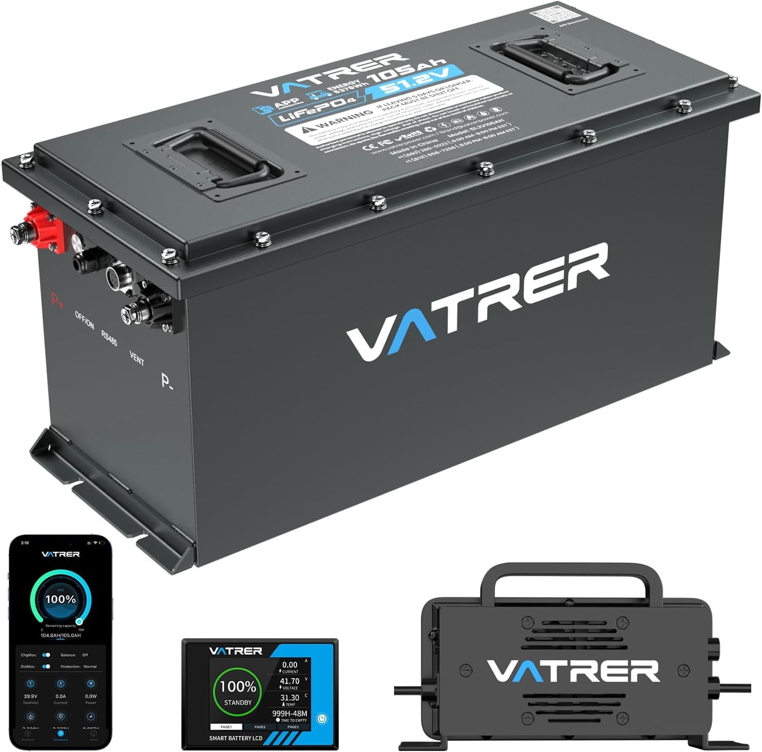 VATRER POWER 48V 105Ah Narrow Lithium Golf Cart Battery, Built-in Smart ...