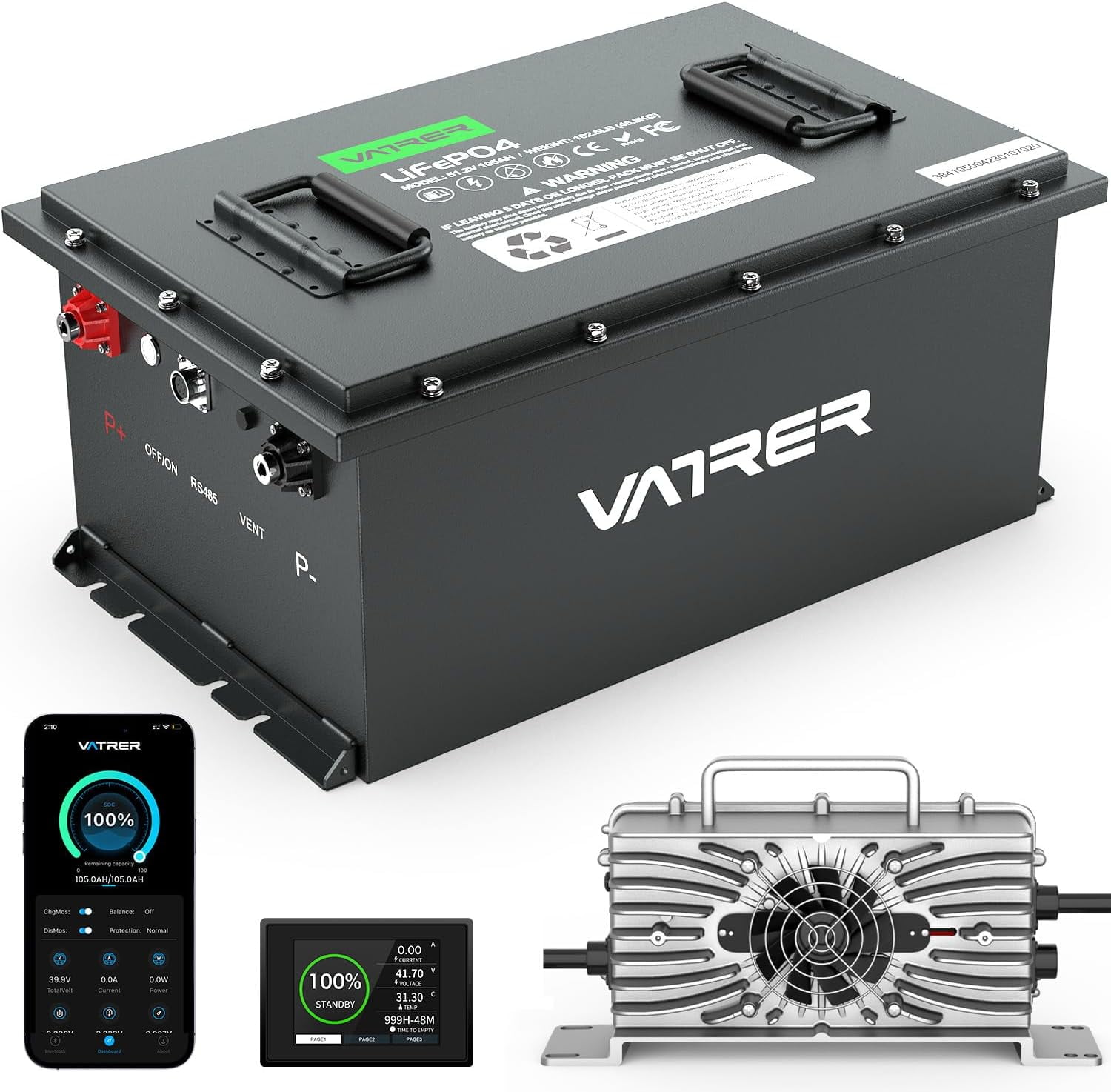 VATRER POWER 48V 105Ah Lithium Golf Cart Battery, Built-in Smart 200A ...