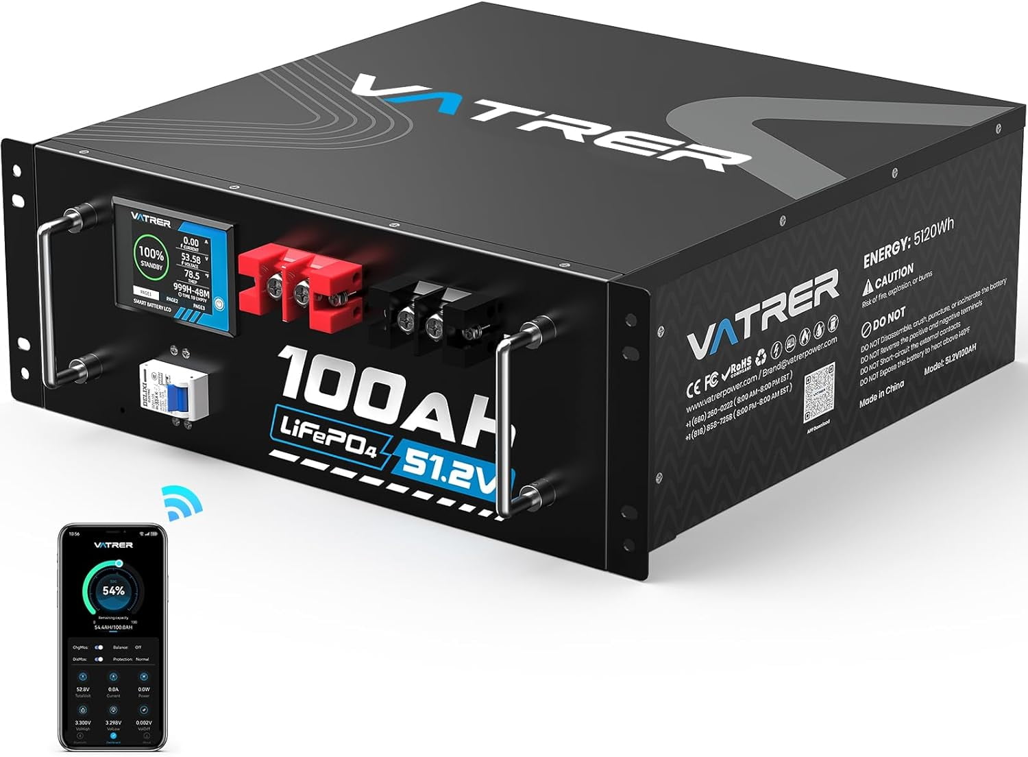 VATRER POWER 51.2V 100AH Lithium LiFePO4 Battery, Built-in 100A BMS ...