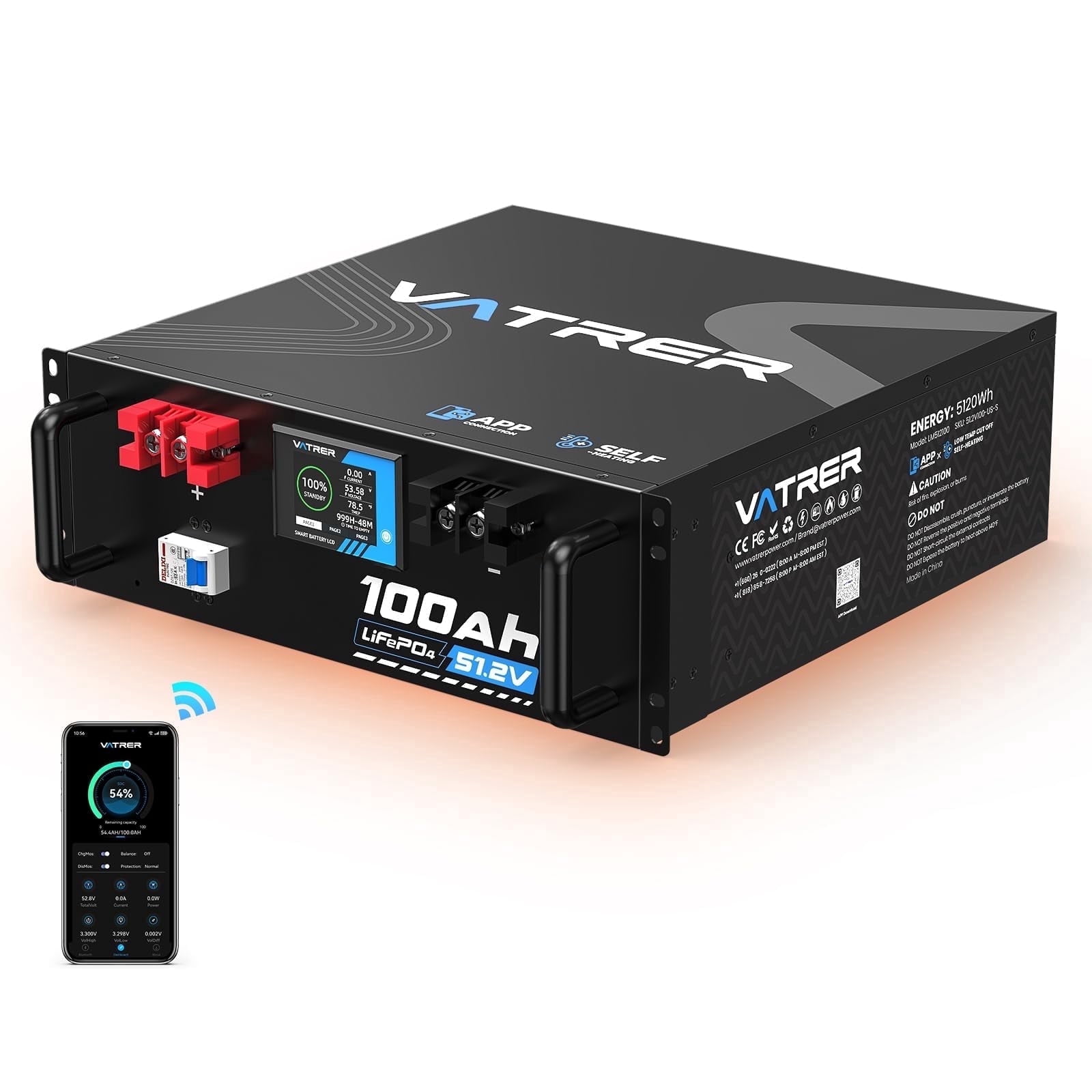 VATRERPOWER 51.2V 100Ah Self Heating LiFePO4 Battery with Touchable ...