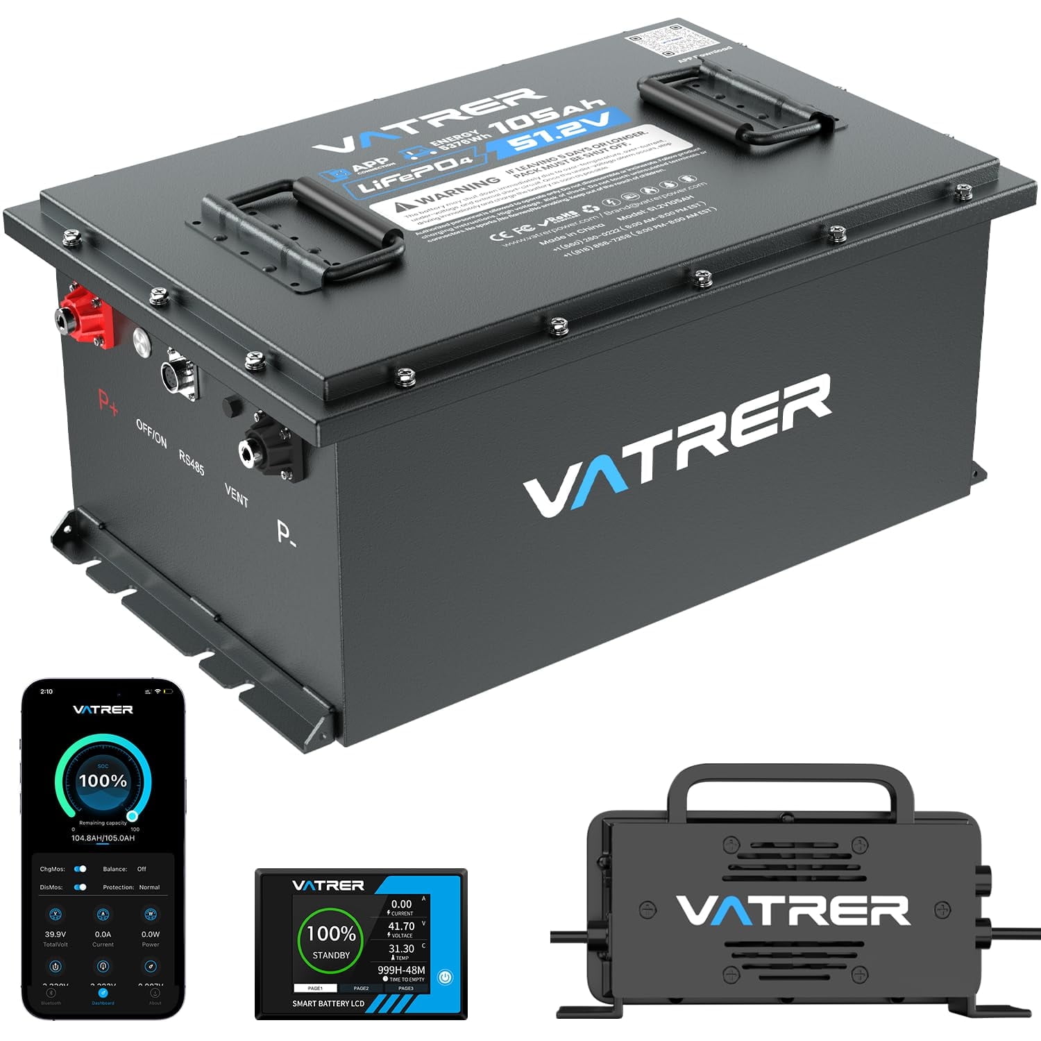 VATRERPOWER 48V (51.2V) 105Ah Lithium Golf Cart Battery with LCD Screen ...