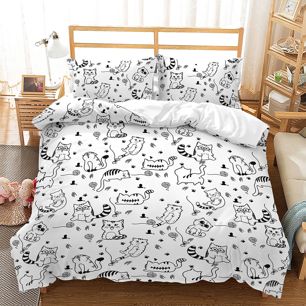 VAVIP 3D Cartoon Cat Bedding Set, Animal White Duvet Cover Pillowcase 2 ...