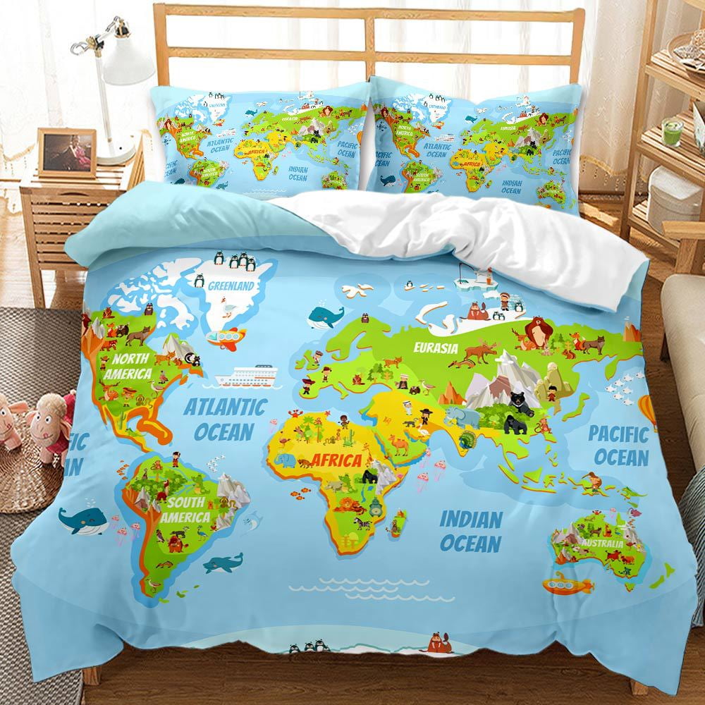 VAVIP 3D Map Bedding Set Light Blue Down Duvet Cover Pillow Case 2/3 Pieces for Boys Teens Men ...