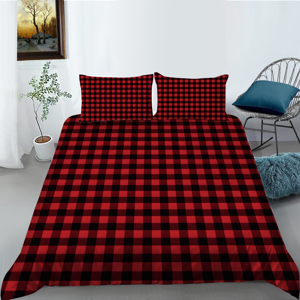 VAVIP Red Dense Grid Bedding Set 3D Printed Black Soft Quick Drying ...