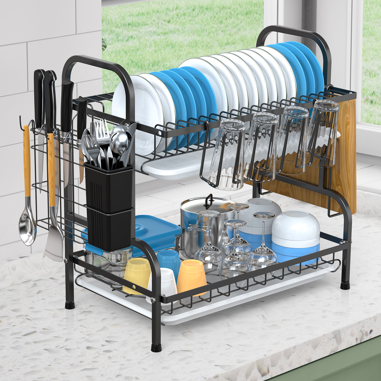 Ktaxon Kitchen Stainless Steel Dish Cup Drying Rack Holder 2-Tier Dish ...