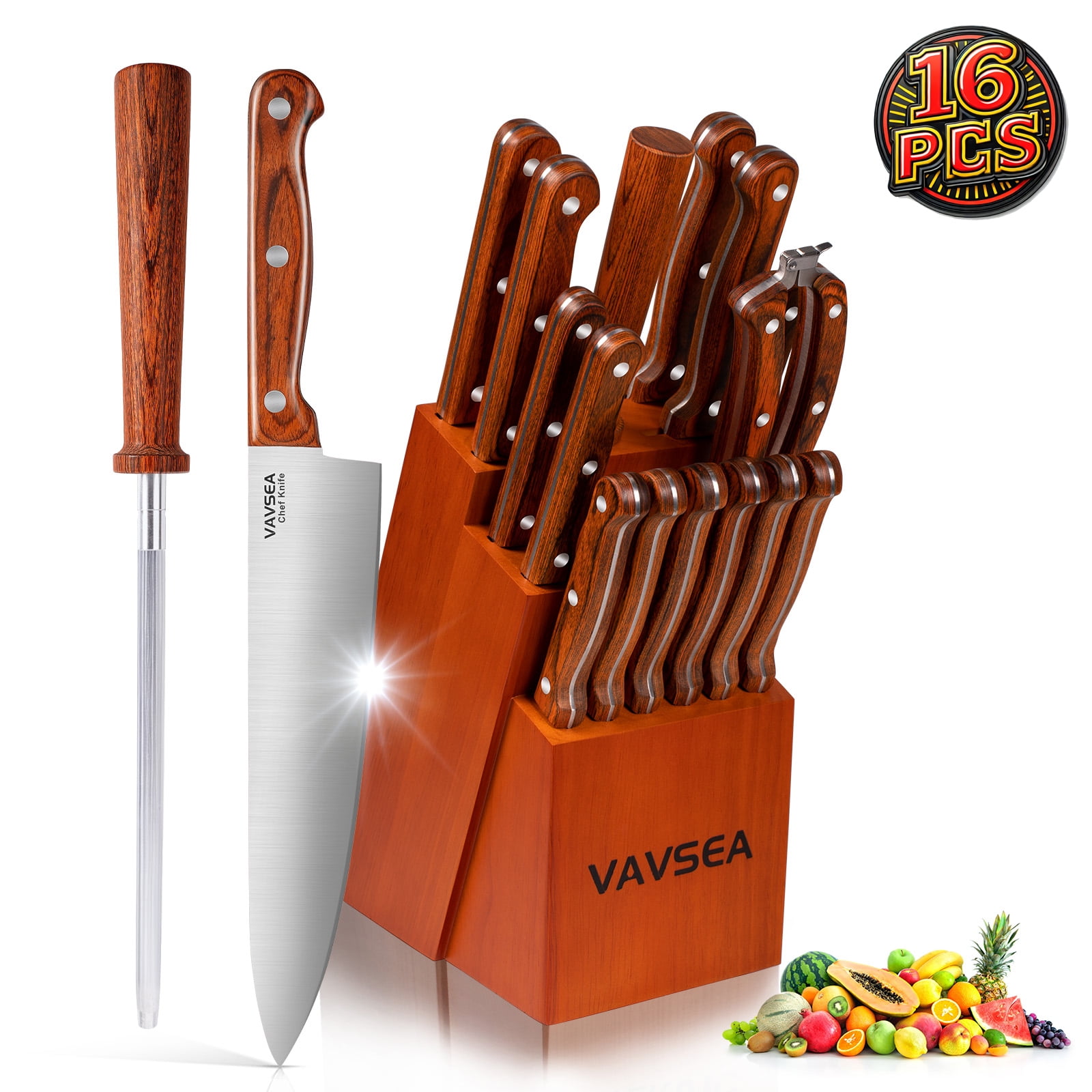 VAVSEA 16-Piece Stainless Steel Cutlery Knife Set with Block for Dinner, Steak, Kitchen, Home ...