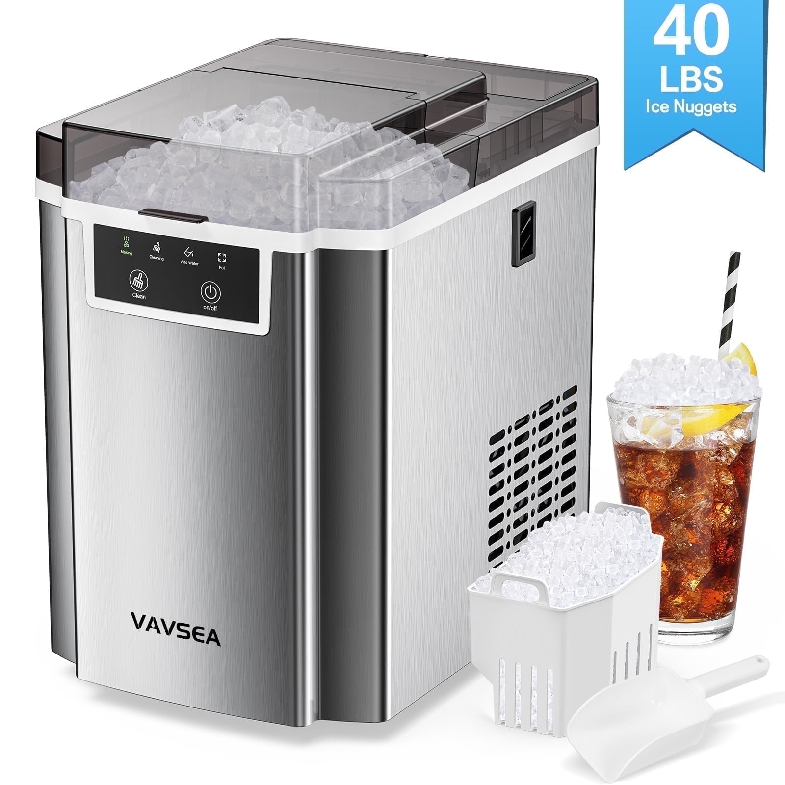 VAVSEA Nugget Ice Maker Countertop, 40Lbs/24H, Chewable Pellet Ice Machine, Soft Chewable Ice in ...
