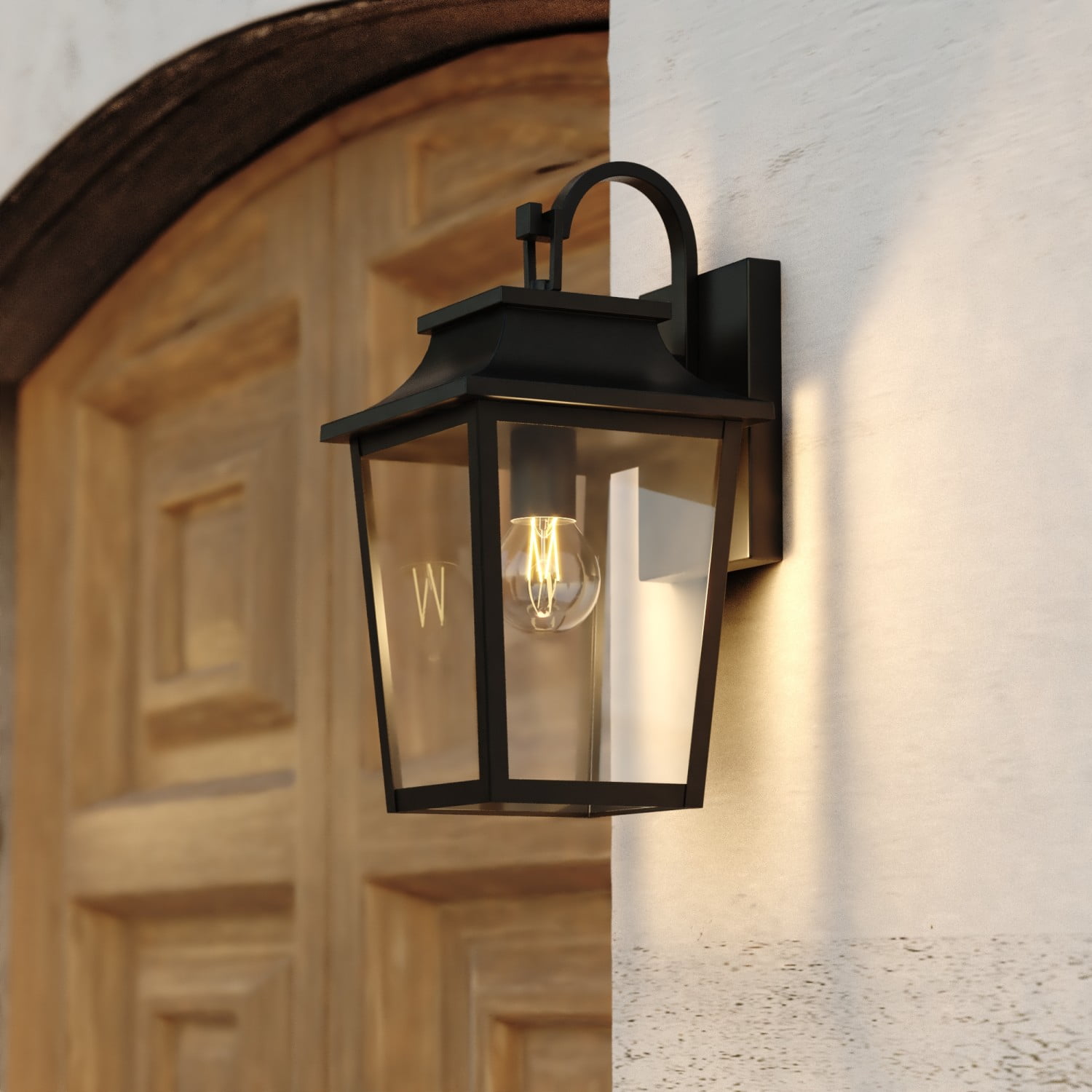 VAXCEL Irving Park Black Outdoor Wall Sconce Light, Clear Seeded Glass ...