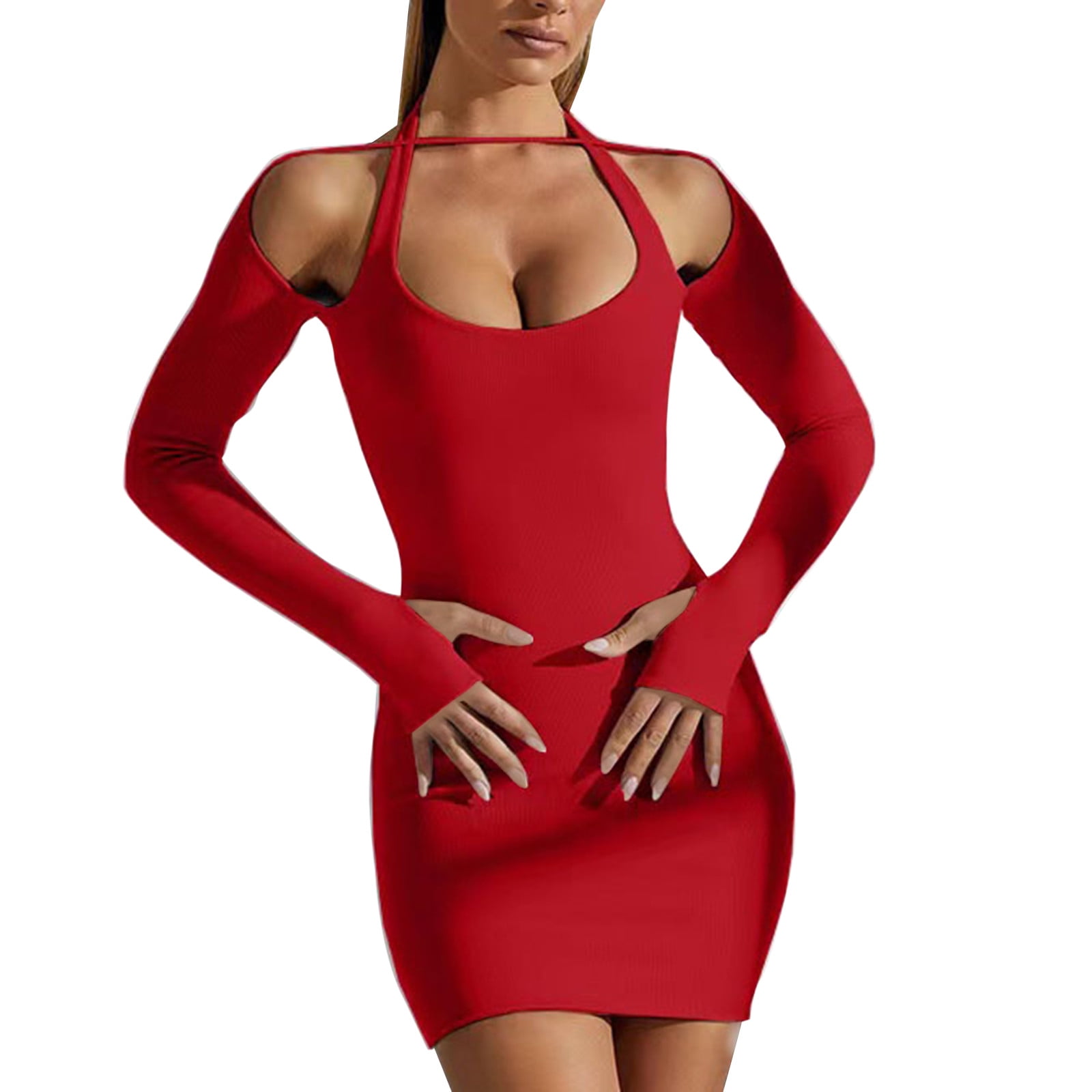 Vbarhmqrt Backless Dresses For Women Ladies Long Sleeve Halter Neck Fashion Dress Solid Color