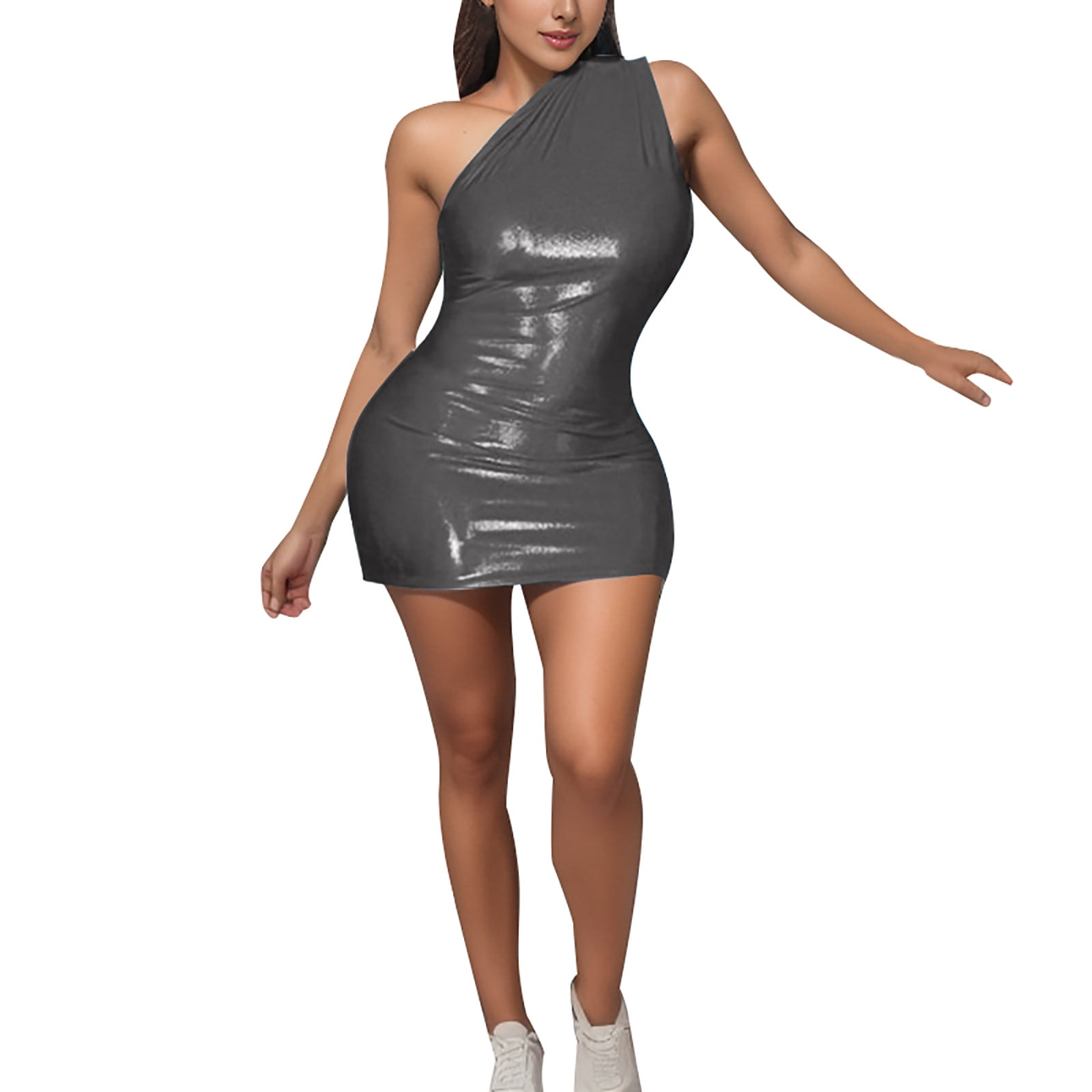 Vbarhmqrt Beach Dress Womens Sexy Slim Solid Color Slant Shoulder