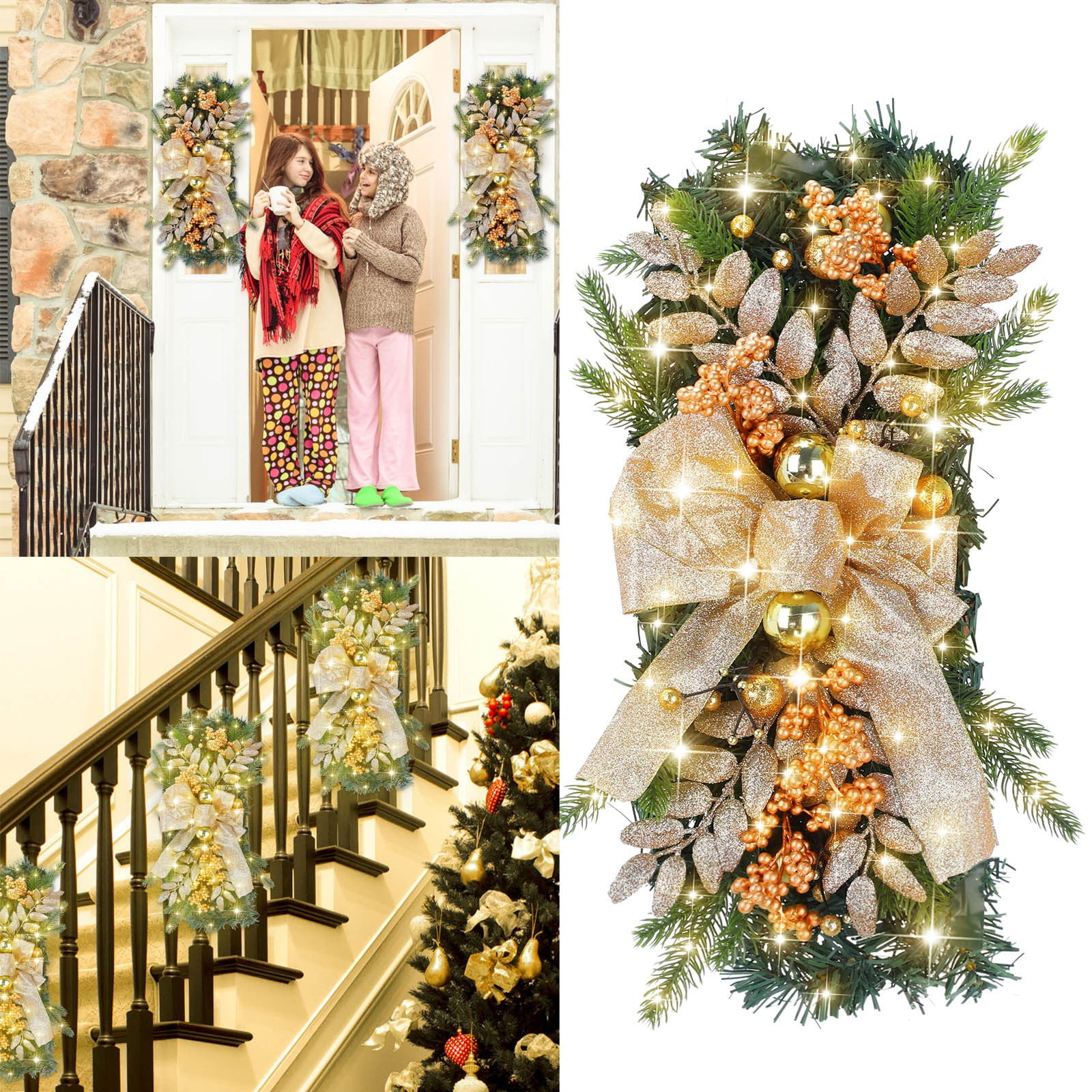 VBARHMQRT Christmas Swag Cordless Prelit Teardrop Wreath with Lights ...