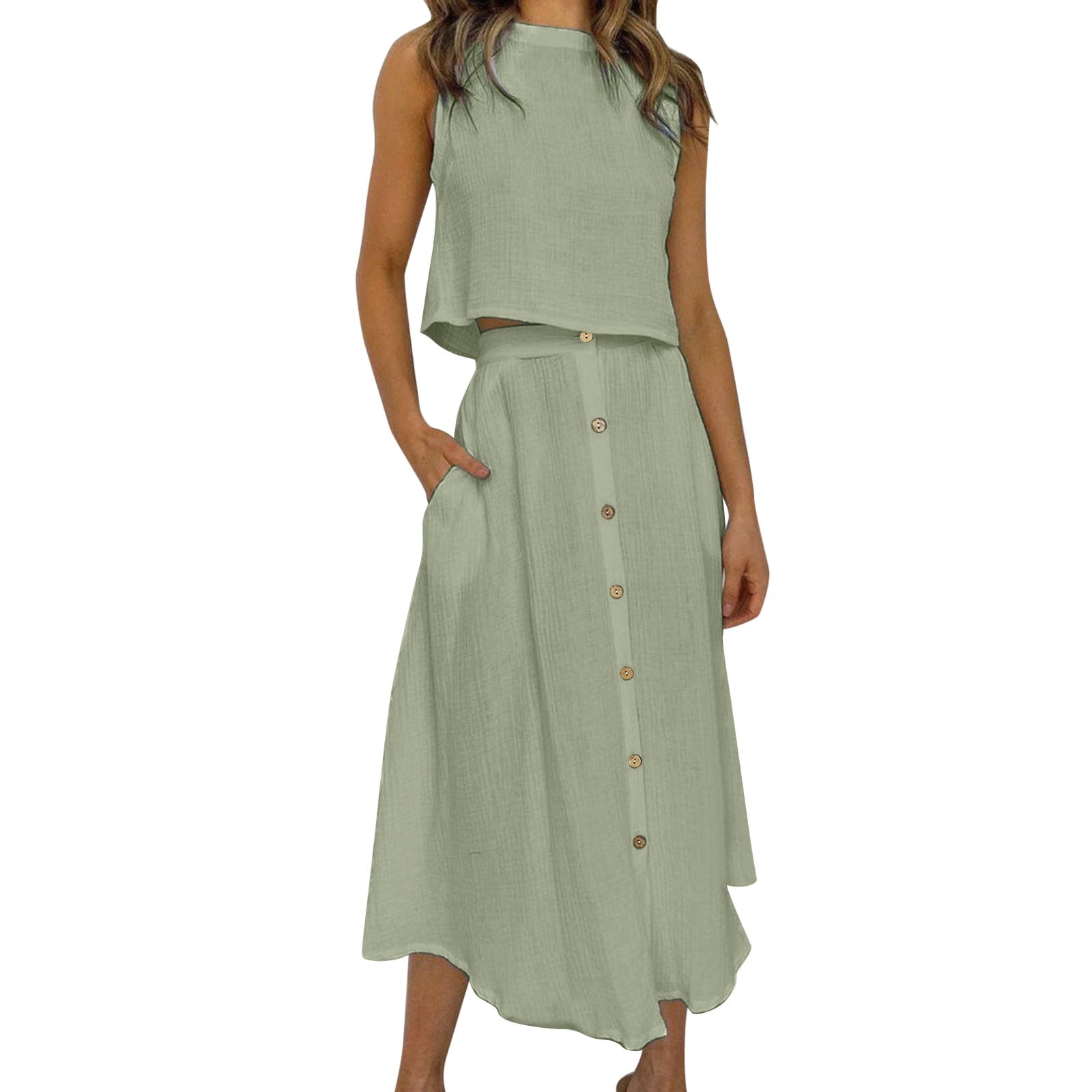 VBARHMQRT Female Linen Skirt Sets Women 2 Piece Outfits Womens Solid ...