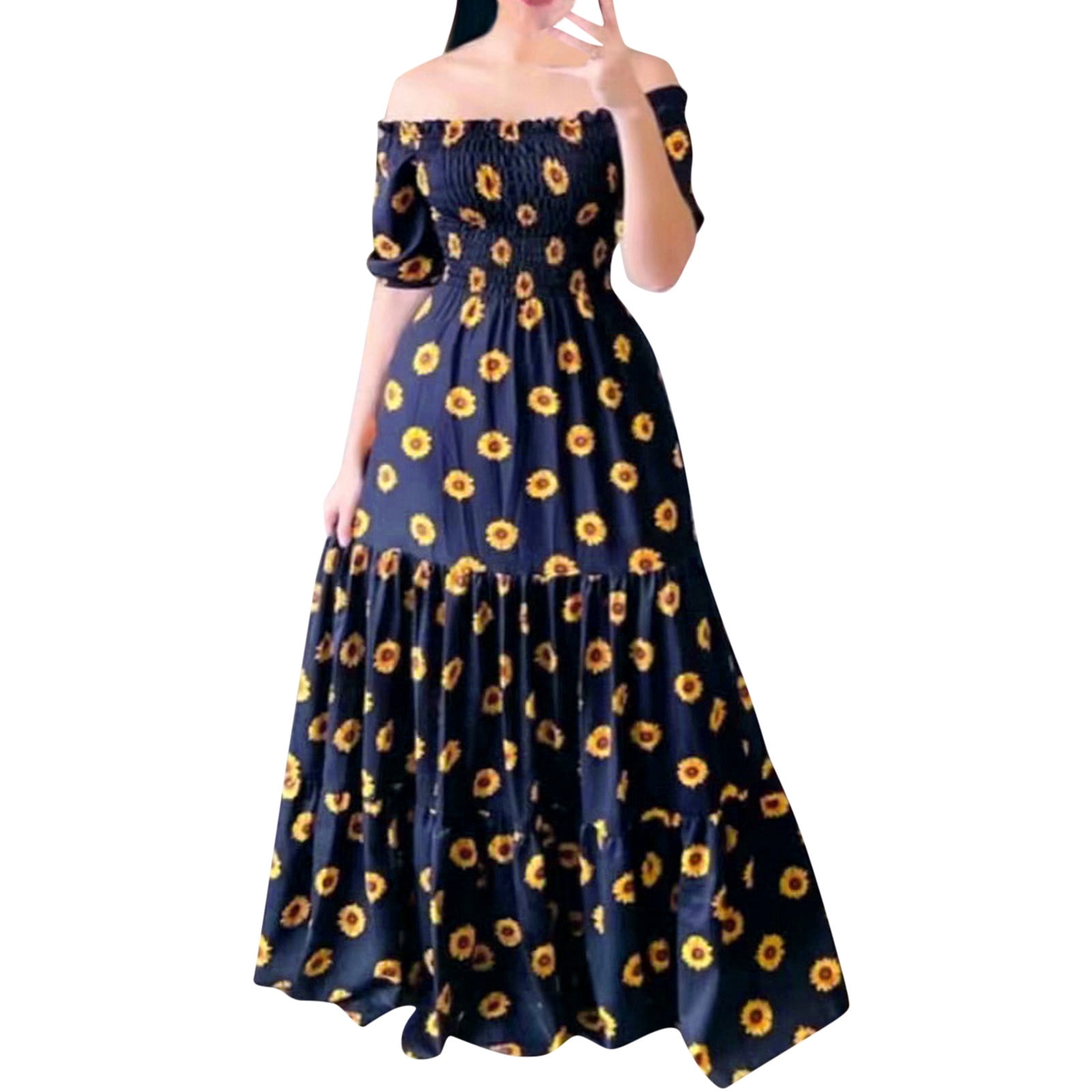 Vbarhmqrt Female Red Dress Plus Size Women Floral Print Off Shoulder Sexy Dress Formal Party