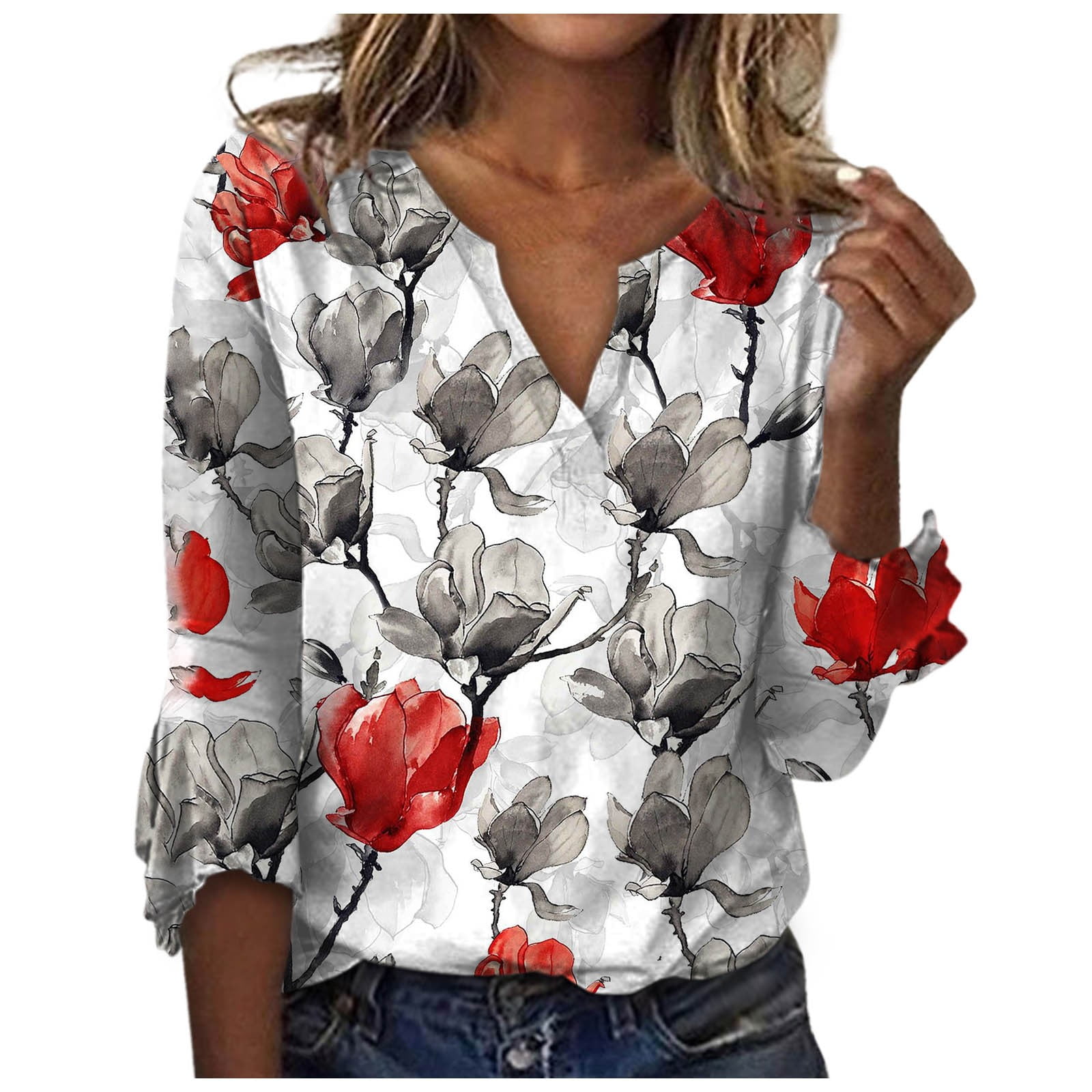 Vbarhmqrt Female Summer Tops With Sleeves For Women Vacation V Neck Casual 7 Point Sleeve Top T