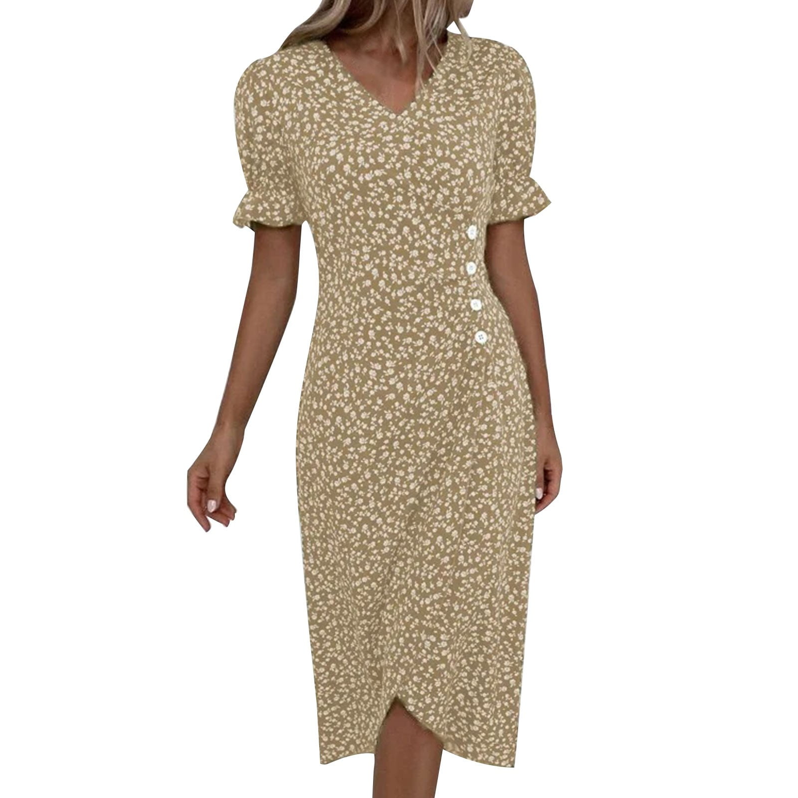 VBARHMQRT Female Womens Maxi Dress Women's Button V Neck Bubble Sleeve ...
