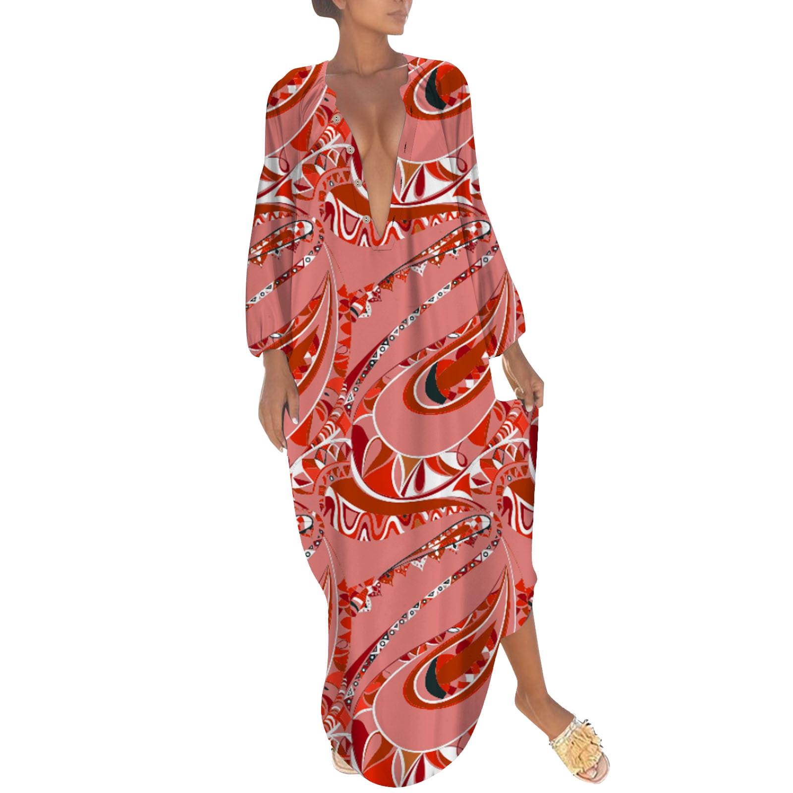 Vbarhmqrt Floral Dresses Womens Casual V Neck Long Sleeve Floral Print