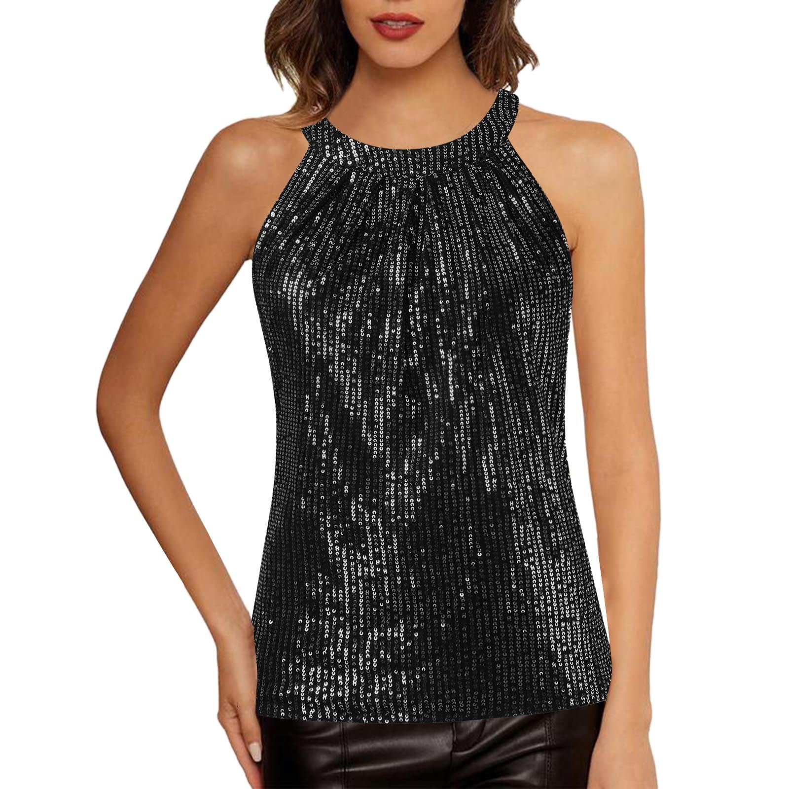 Vbarhmqrt Lace Trim Tank Top Sequin Halter Tops Sleeveless Dressy Tank