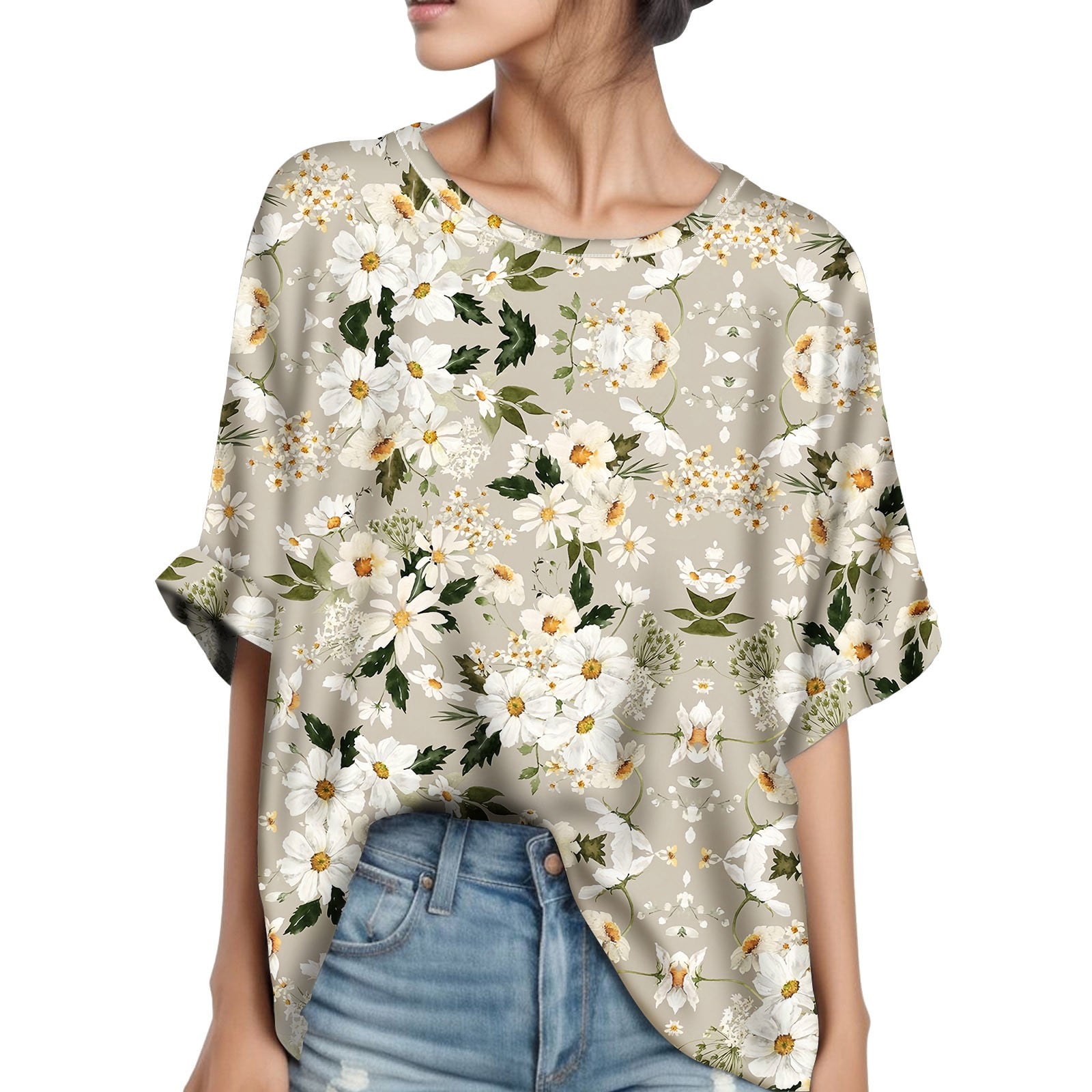 Vbarhmqrt Plus Size Crop Top Ladies Casual Crew Neck Digital Print