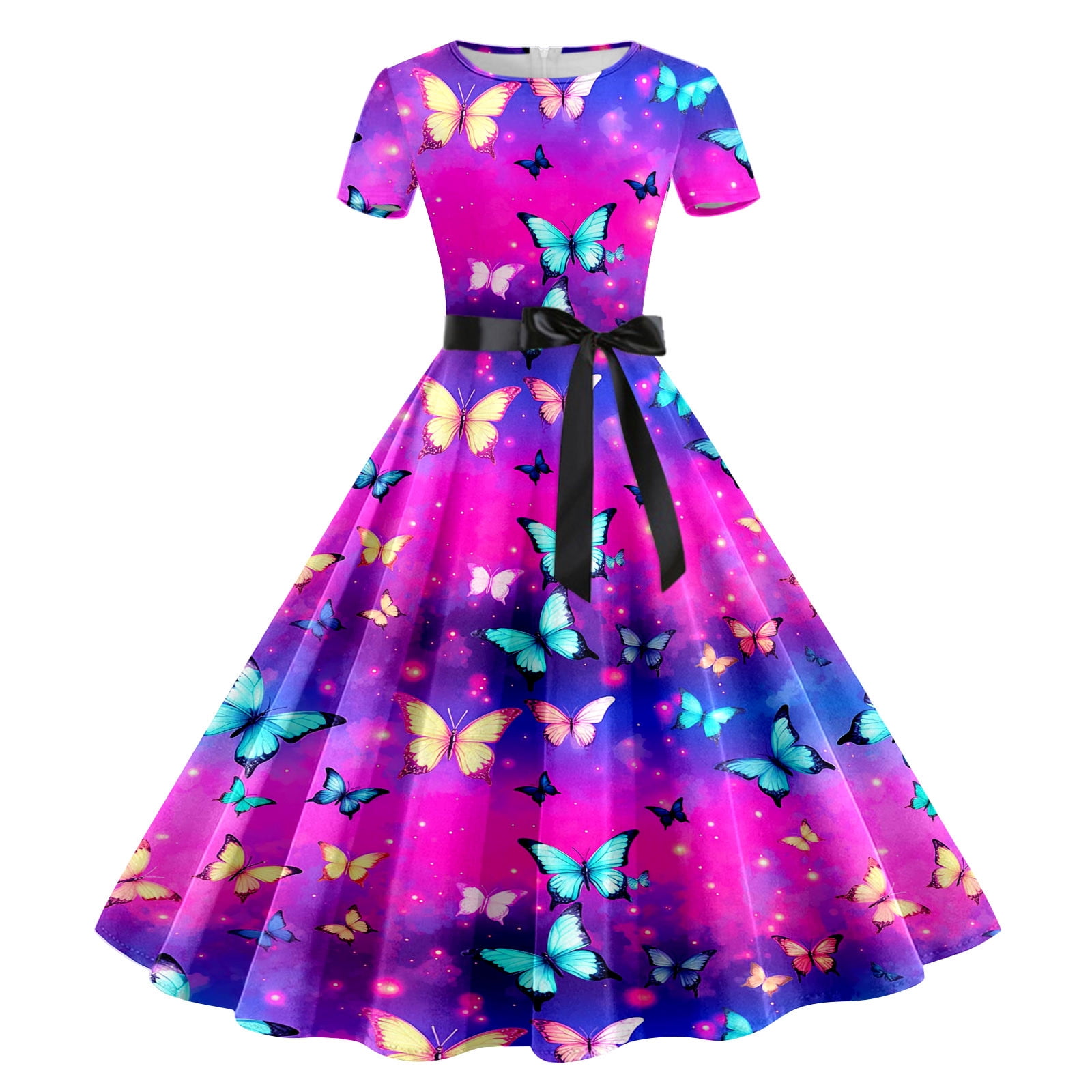 VBARHMQRT Red Sparkly Dress Women Print Round Neck Short Sleeve 1950S ...