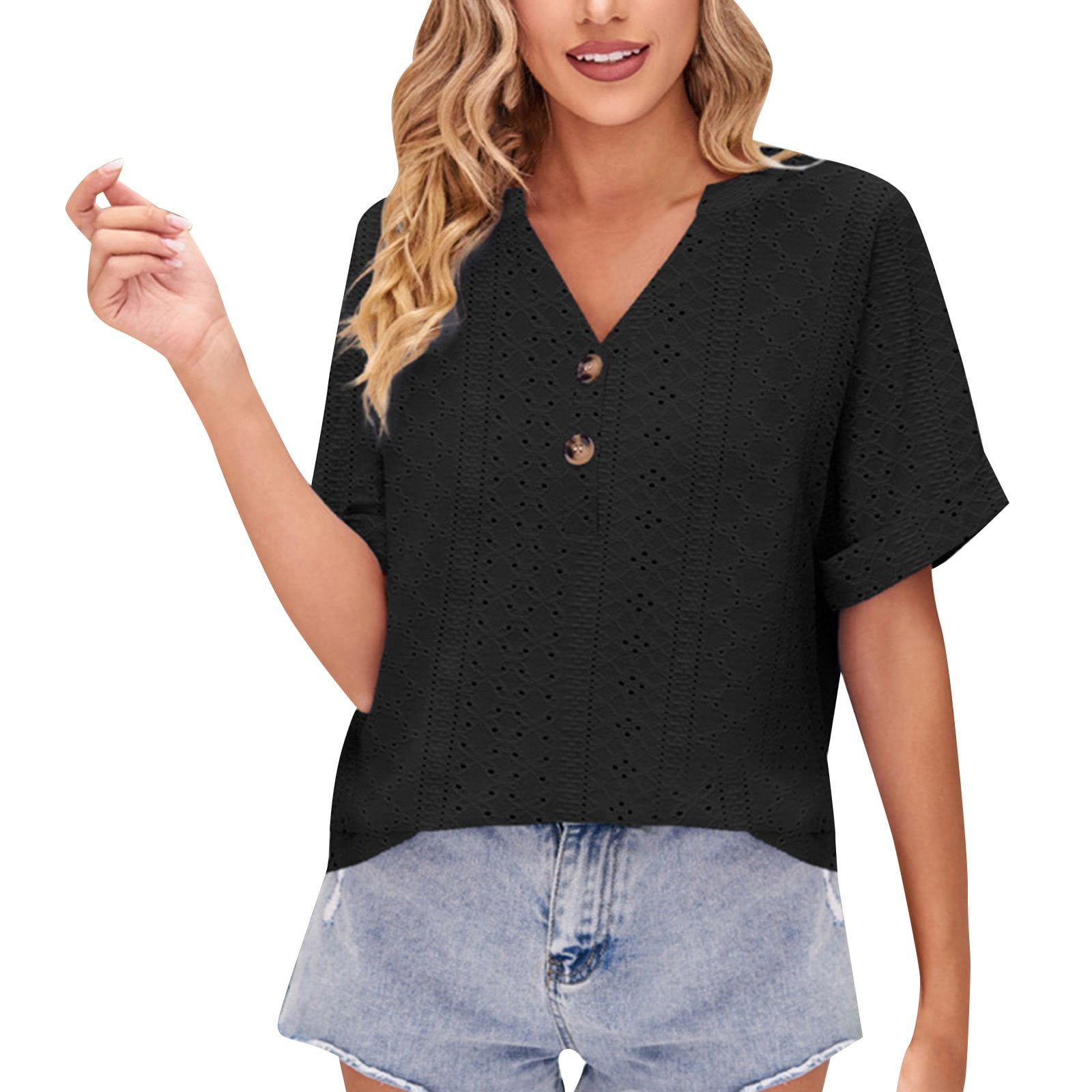 Vbarhmqrt Tops For Women Women V Neck Rolled Short Sleeve Button Top