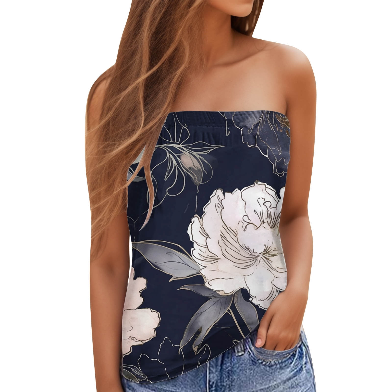 Vbarhmqrt White Tube Top Sexy Backless Bandeau Top With Floral Print