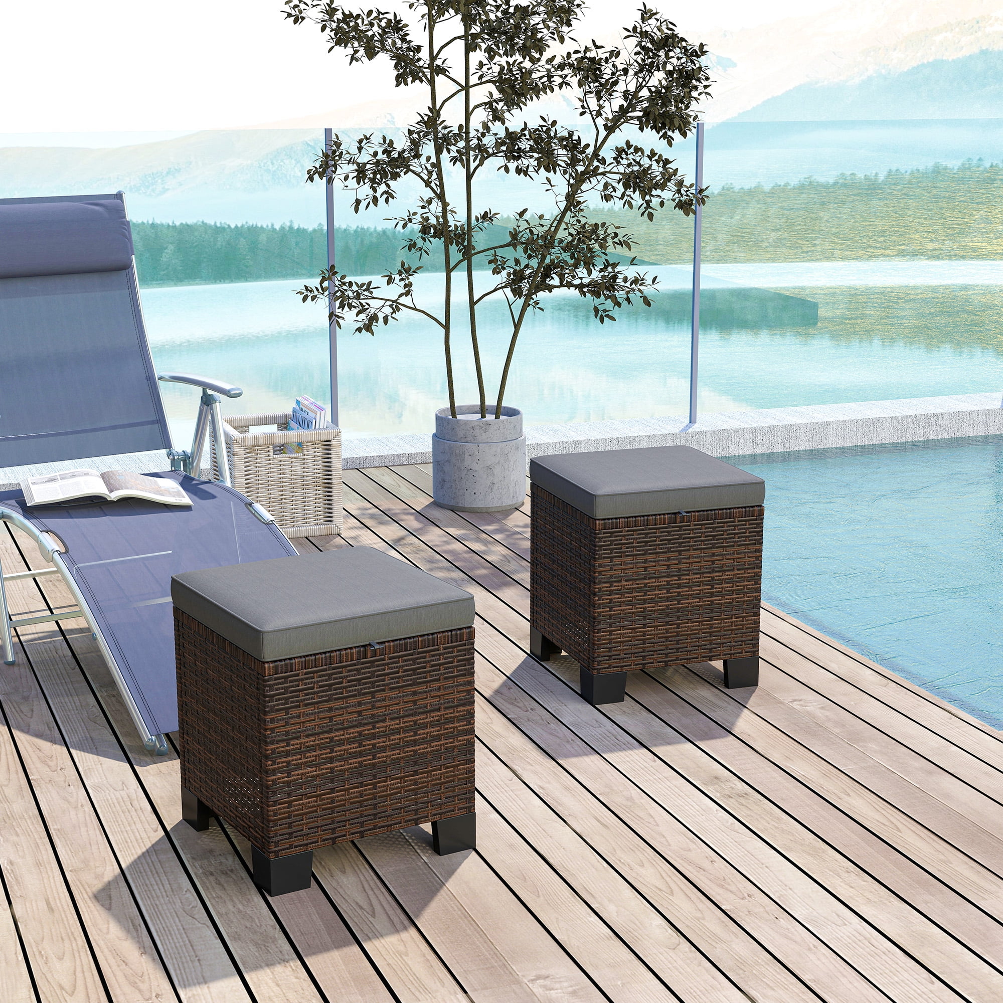 VBOLF 2 Pieces Outdoor Patio Ottomans, All Weather Wicker Outdoor ...