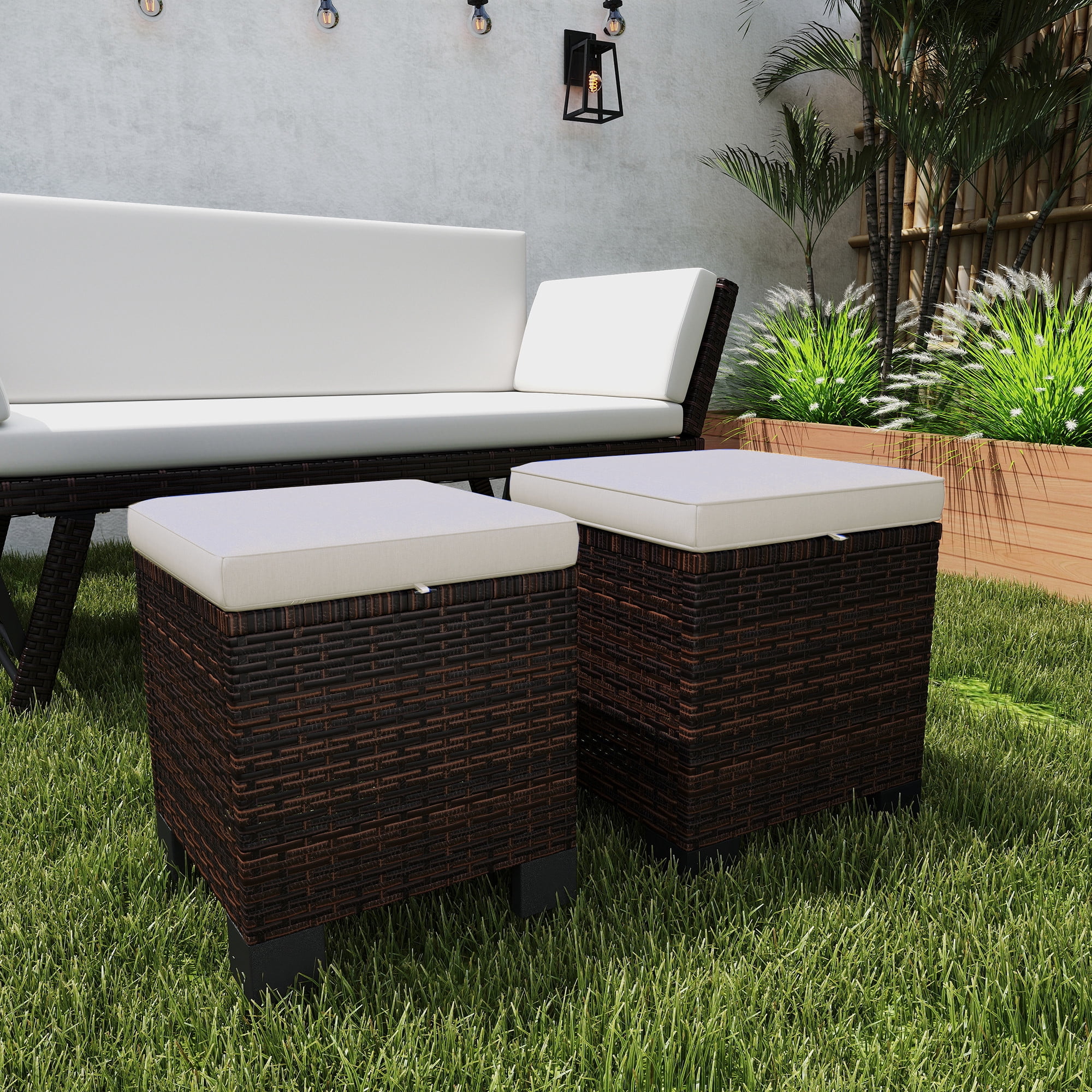 VBOLF 2 Pieces Outdoor Patio Ottomans, All Weather Wicker Outdoor ...