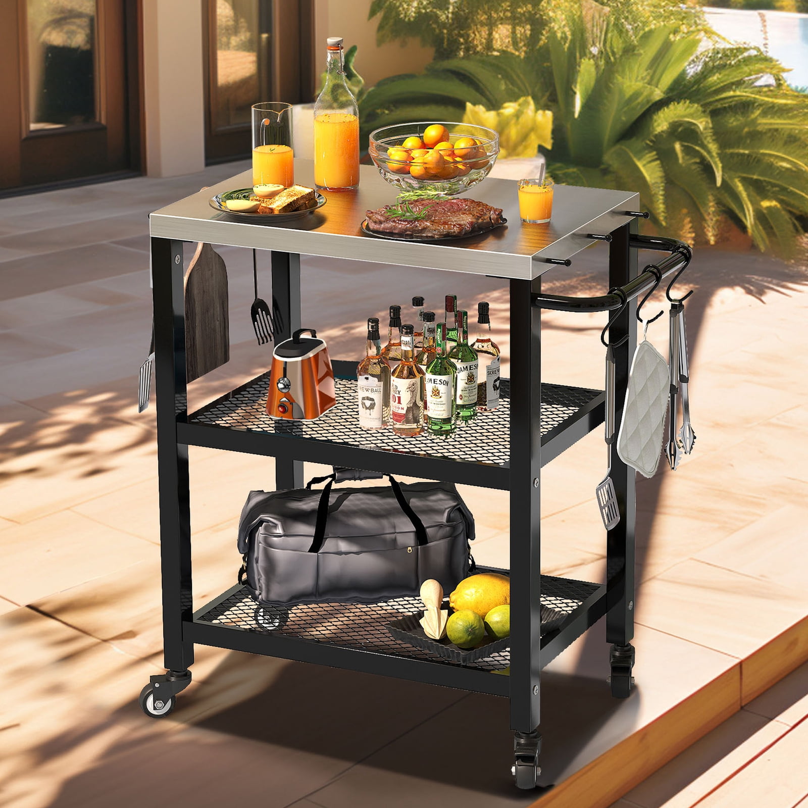 VBOLF 3-Tier Metal Outdoor Grill Cart with Wheels,Stand Table Rolling ...