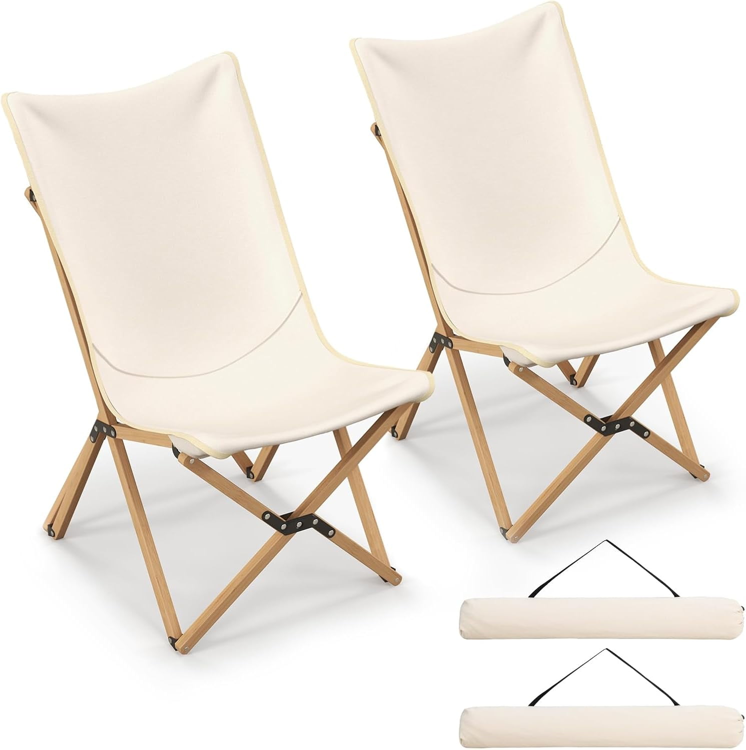 VBOLF Camping Chairs 2 Pack, Folding Beach Chairs for Adults with Carry Bags, Bamboo Frame, High ...