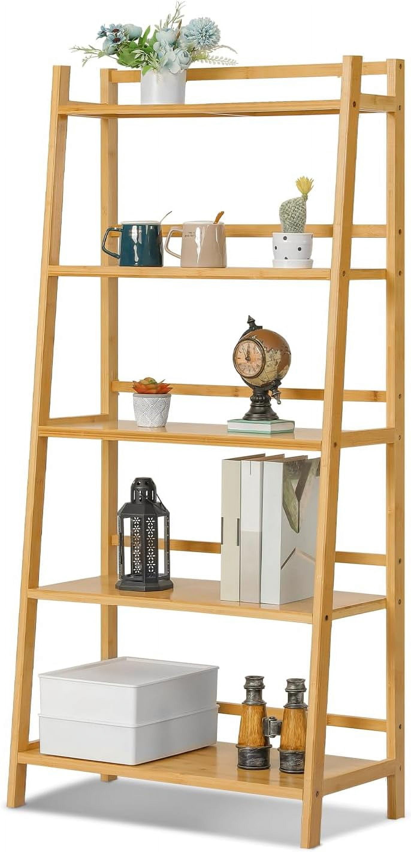 VBOLF Trapezoid 5 Tier Bamboo Ladder Shelf Organizer - Indoor Outdoor ...