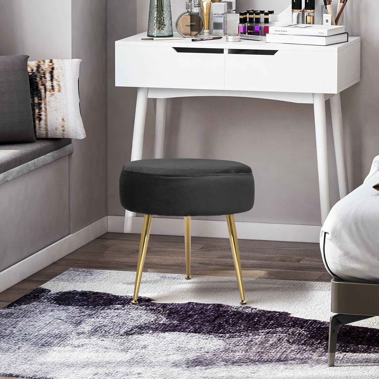 VBOLF Velvet Vanity Stool, Round Ottoman Vanity Chairs with Metal Leg ...